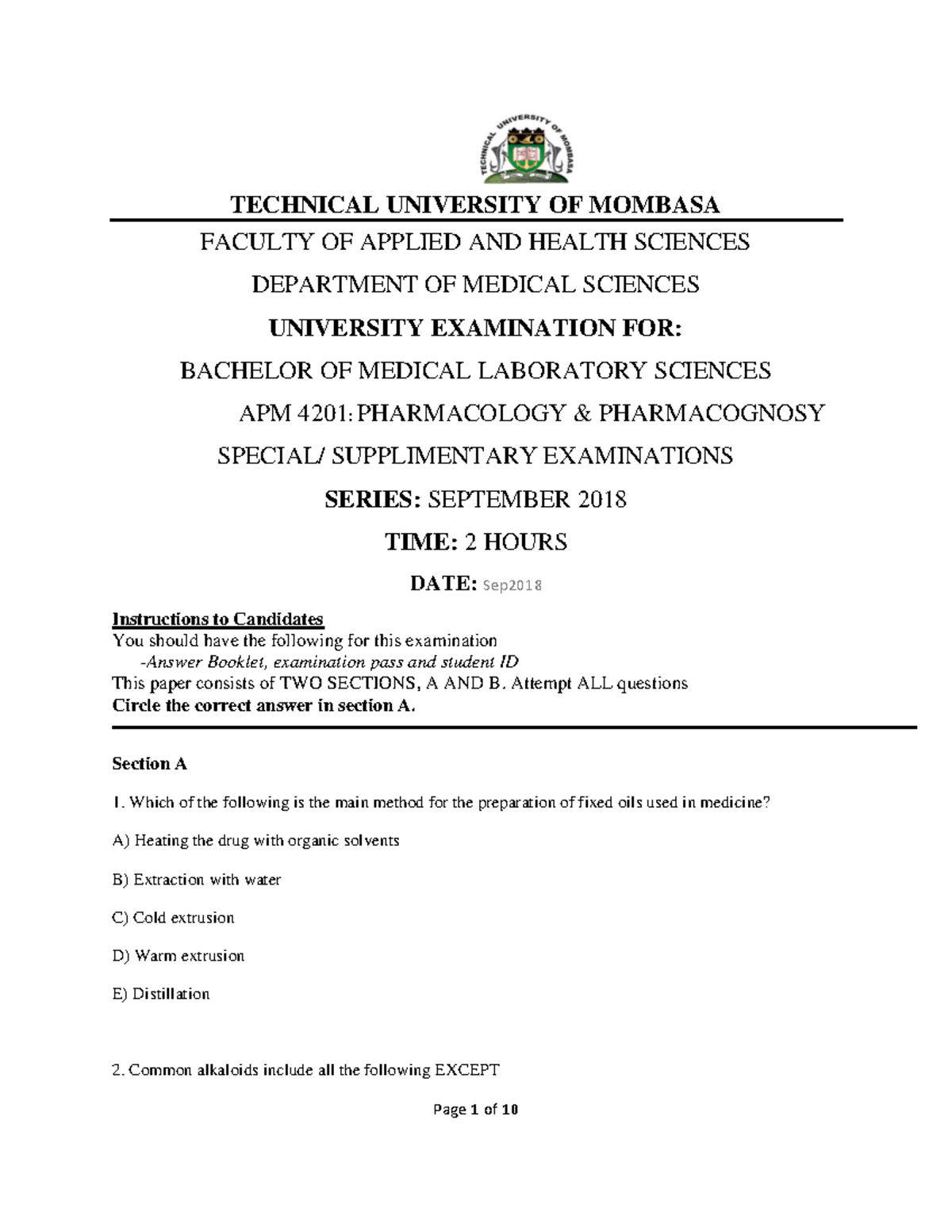 APM 4201 Pharmacology & Pharmacognosy-Supplementary - TECHNICAL UNIVERSITY OF MOMBASA FACULTY OF ...