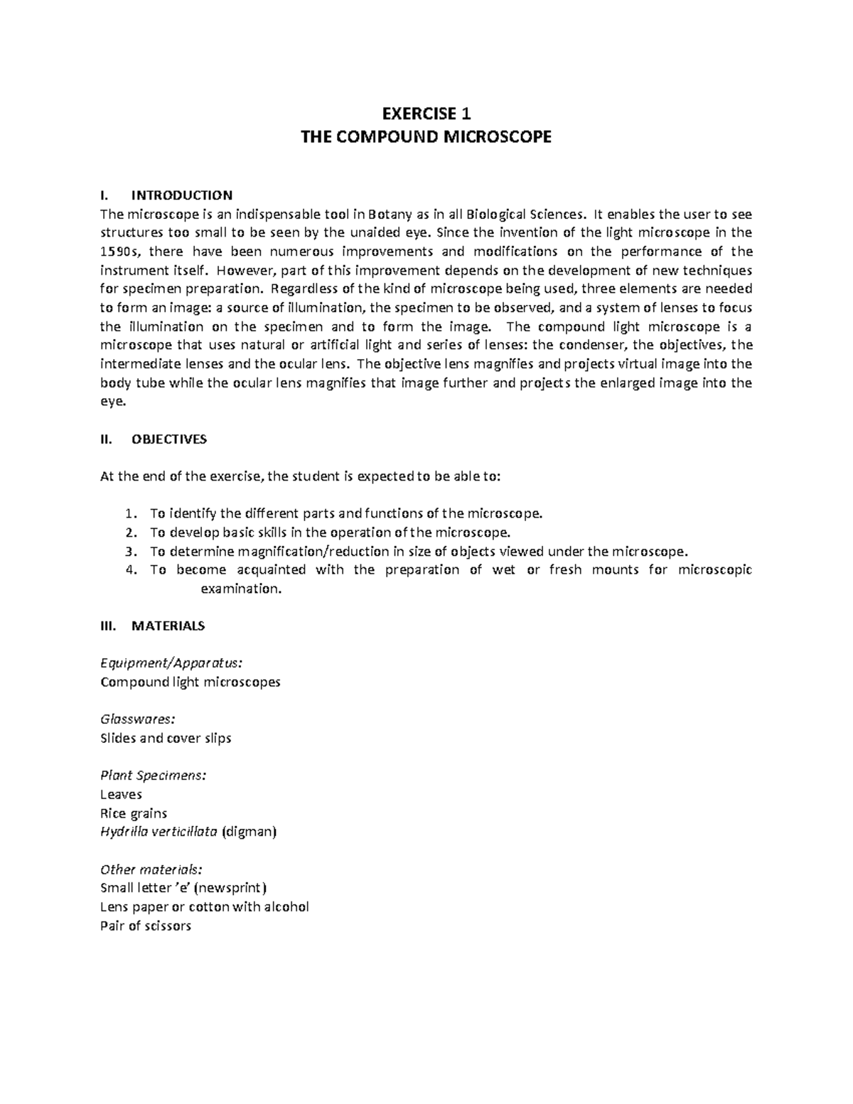 Q1 - microscope - EXERCISE 1 THE COMPOUND MICROSCOPE I. INTRODUCTION ...