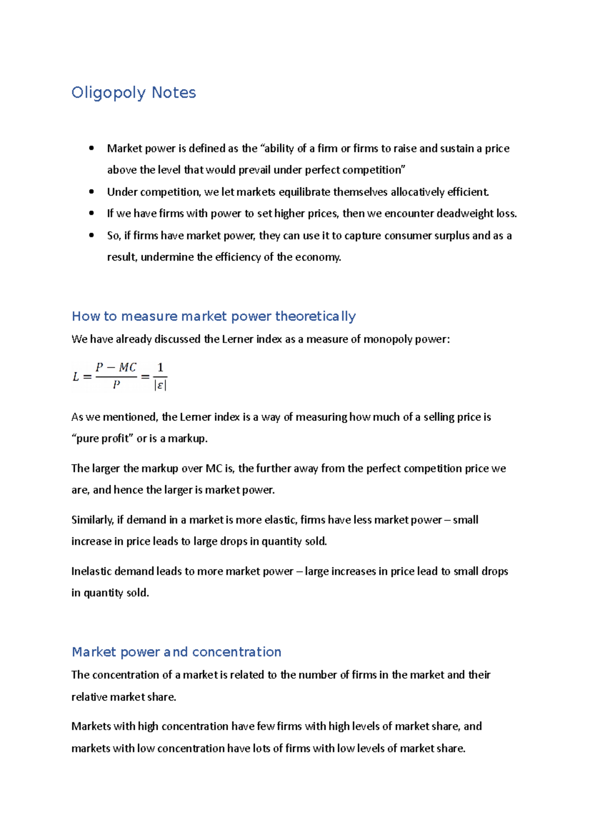 Oligopoly Notes ECO2003 - Oligopoly Notes Market power is defined as ...