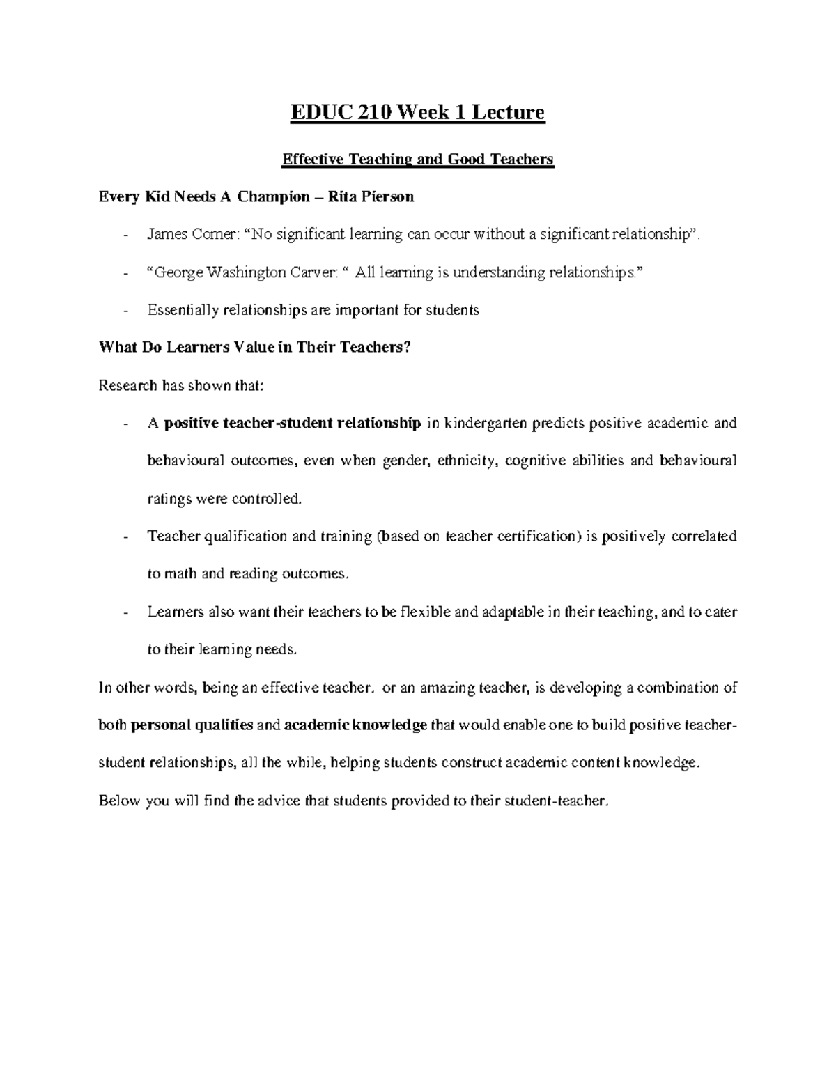 EDUC 210 Lesson 1 Lecture - EDUC 210 Week 1 Lecture Effective Teaching ...