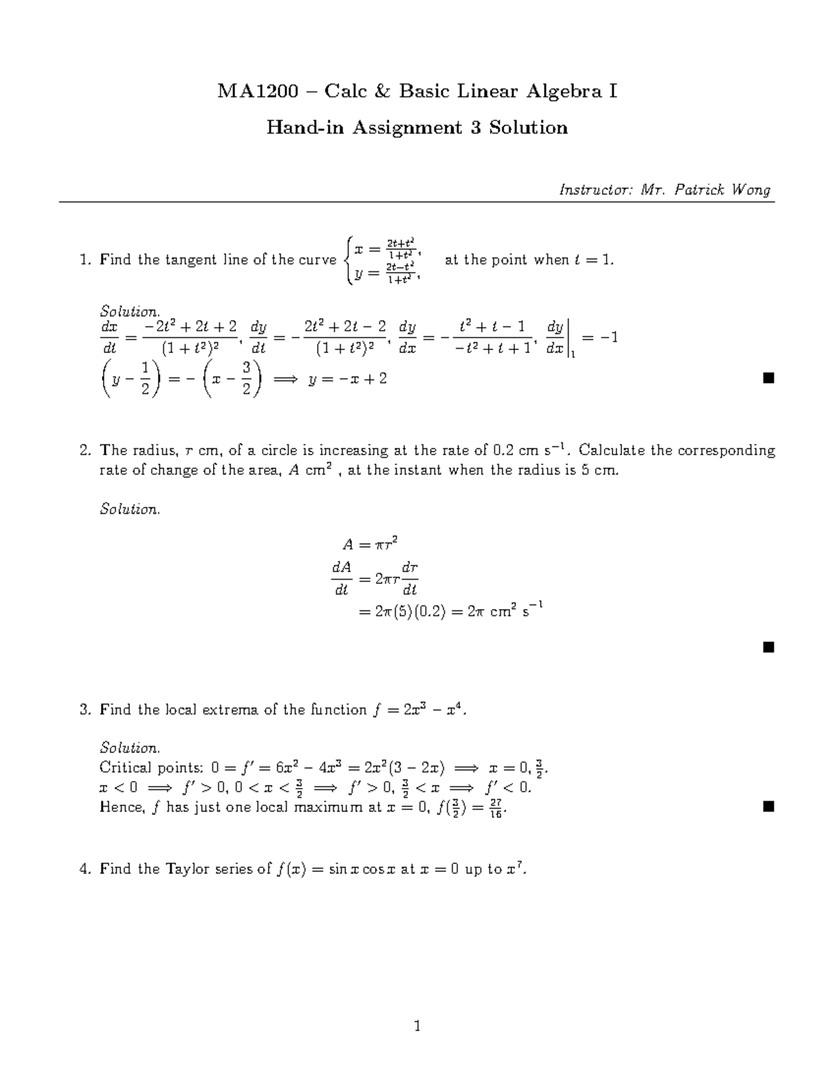 MA1200 HW3 Sol - MA1200 – Calc & Basic Linear Algebra I Hand-in ...