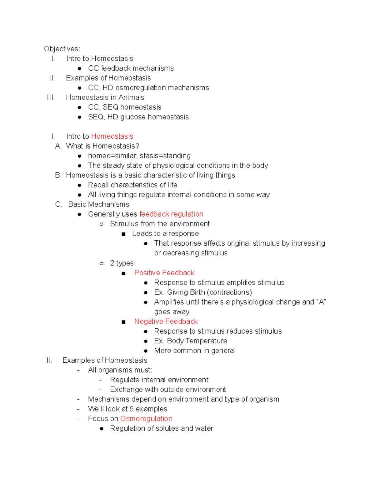 Bio Lecture Homeostasis - Objectives: I. Intro to Homeostasis CC ...
