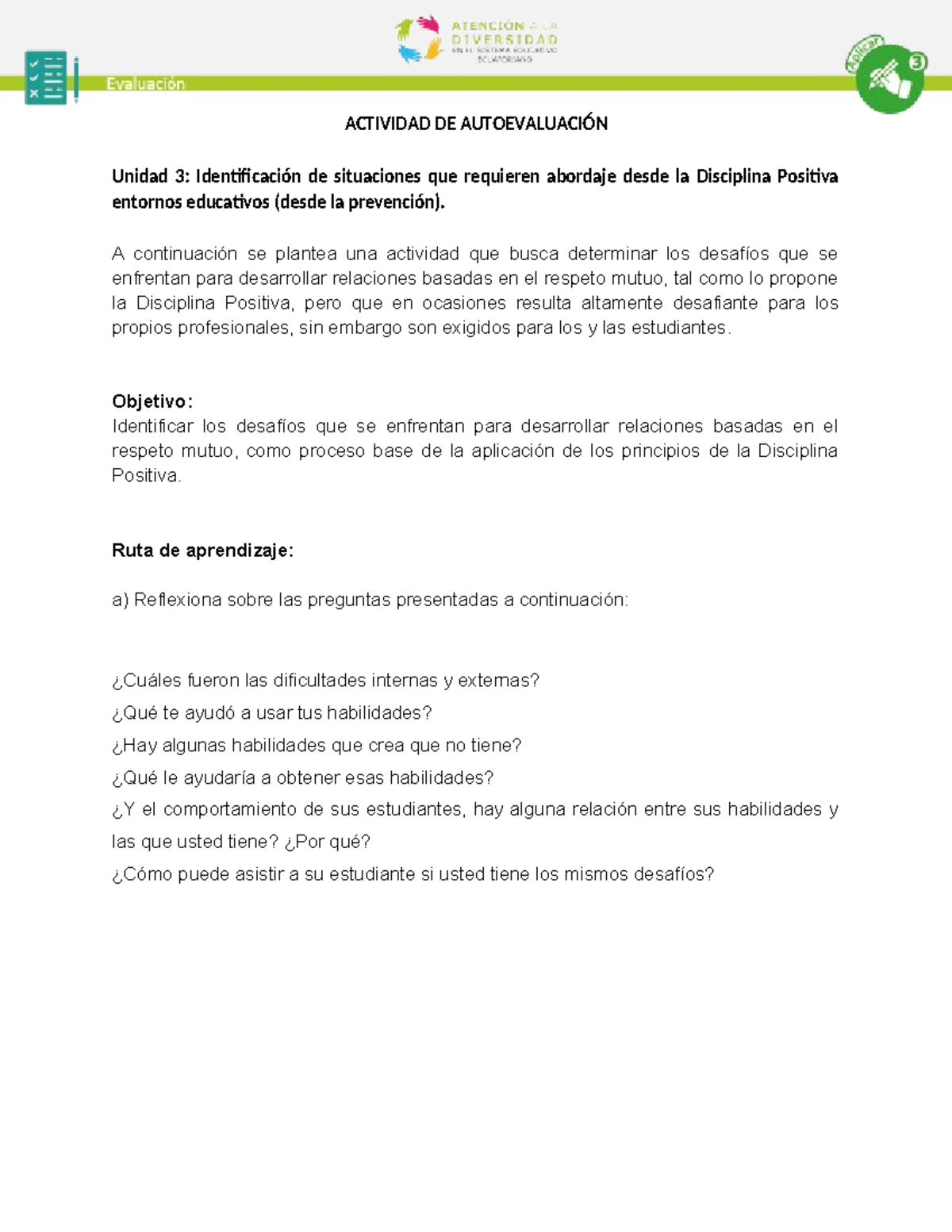 Anexo 8. Orientaciones para la Autoevaluación - ACTIVIDAD DE AUTOEVALUACIÓN Unidad 3 ...