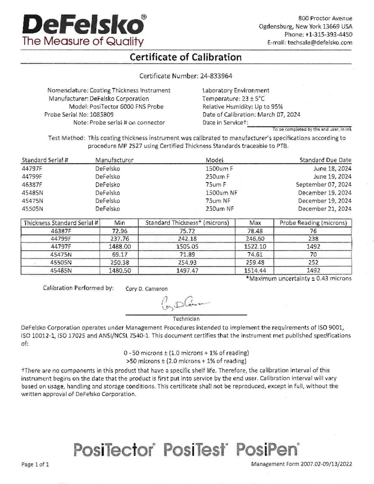 Certificate of Calibration Positector 6000 FNS Serial 1085809 - Studocu