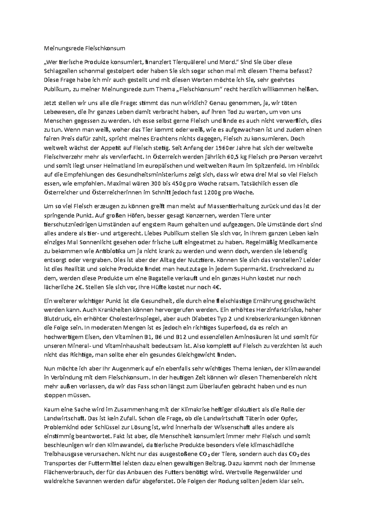 Meinungsrede Fleischkonsum - Meinungsrede Fleischkonsum „Wer tierische ...