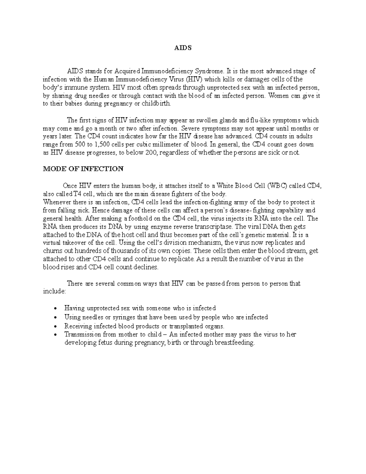 AIDS - Lecture notes 1-2 - AIDS AIDS stands for Acquired ...