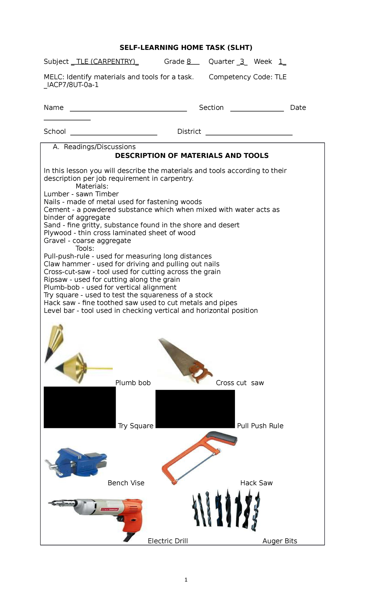 Carpentry 8 W1 Poro San-Jose NHS - SELF-LEARNING HOME TASK (SLHT ...