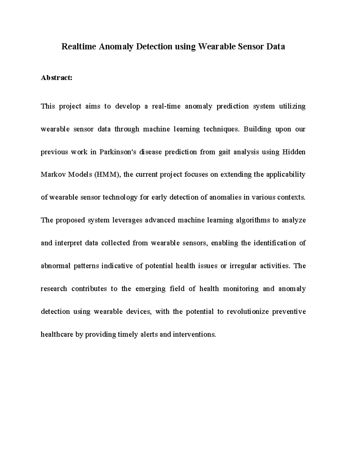 Realtime Anomaly Detection Using Wearable Sensor Data Realtime Anomaly Detection Using