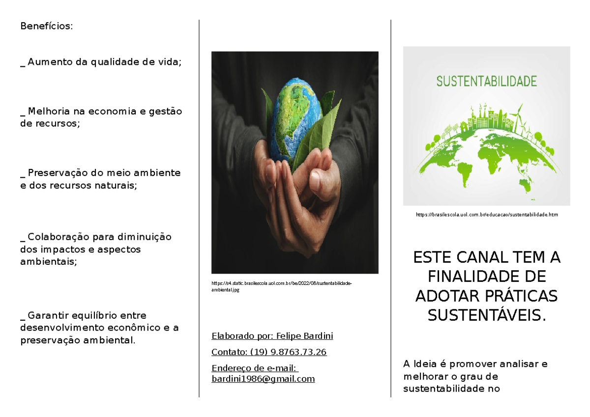 Folder Sustentabilidade - Benefícios: _ Aumento da qualidade de vida ...