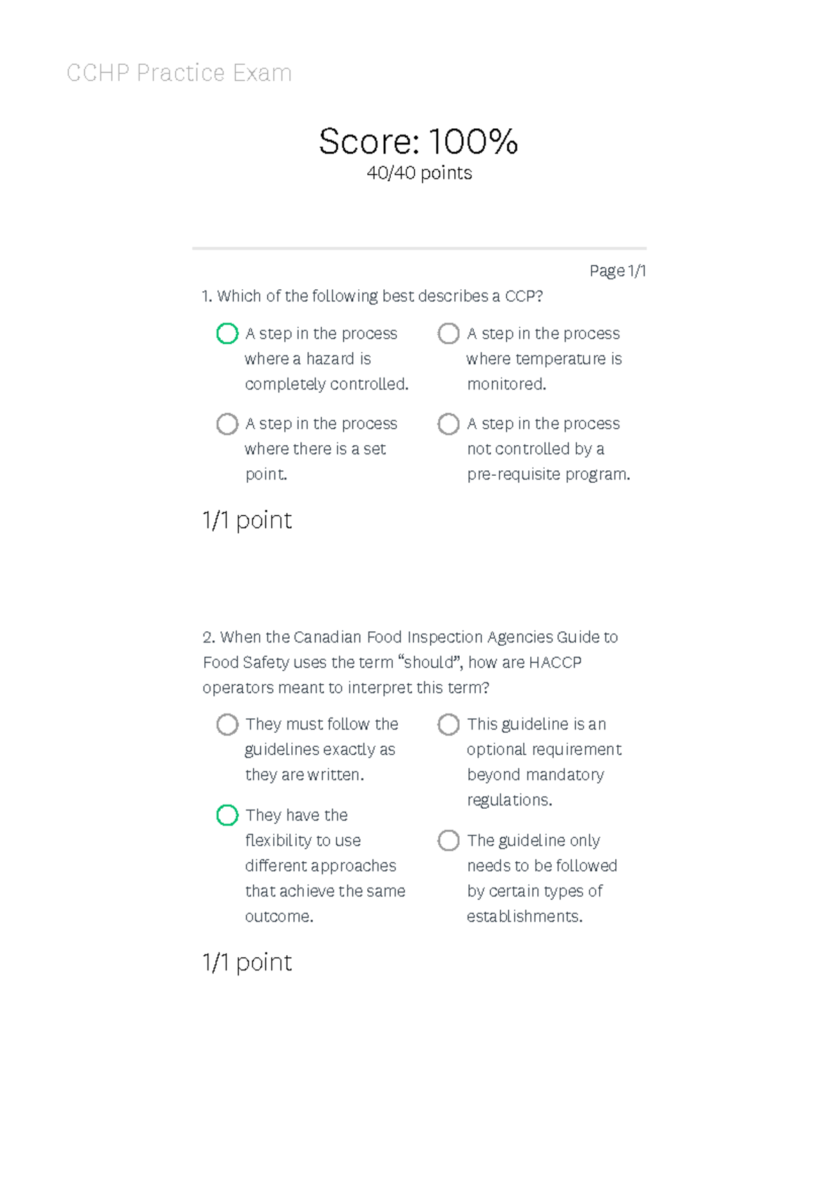 CCHP Practice Exam - Score: 100% 40/40 points Page 1/ CCHP Practice ...