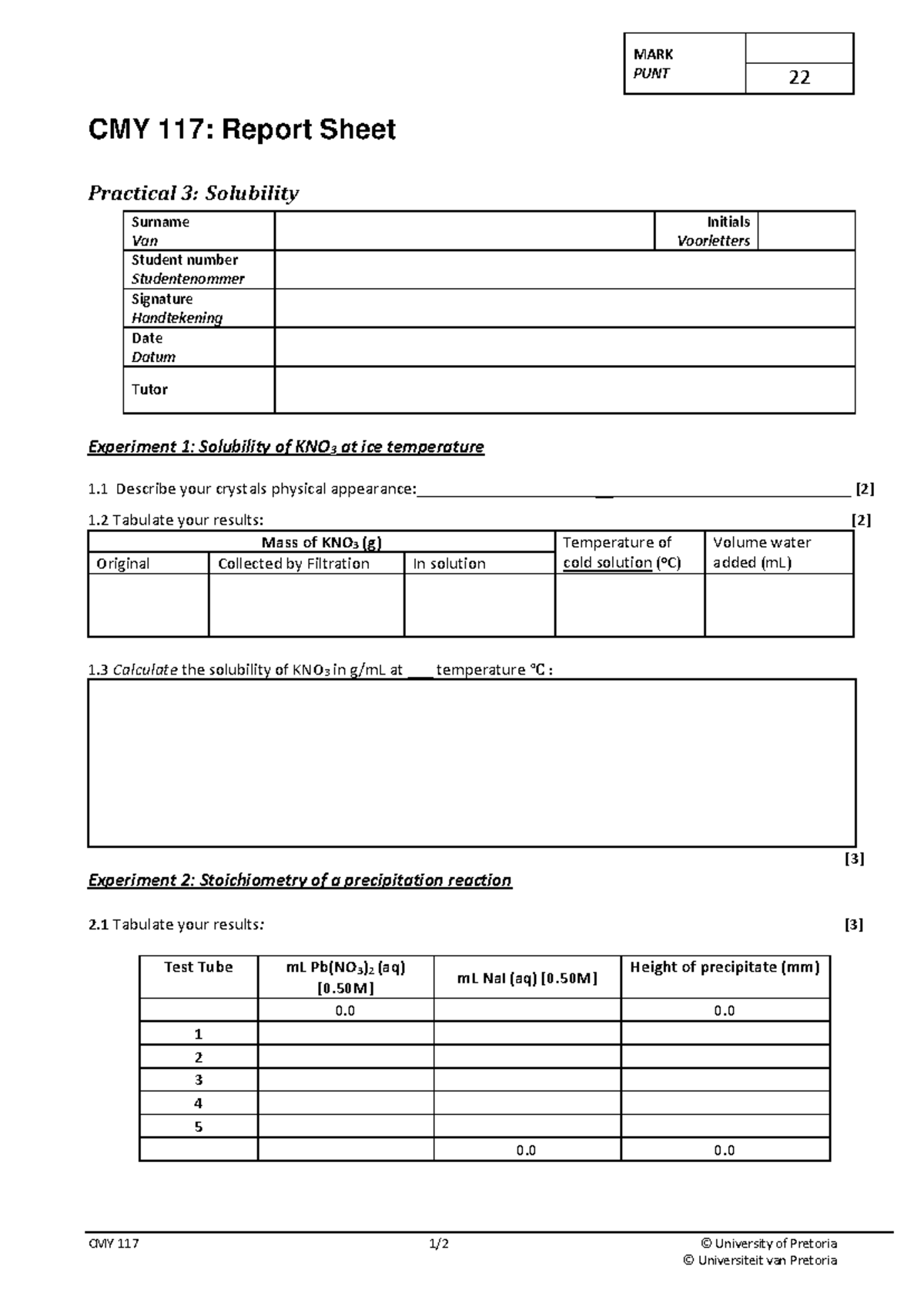 2024 CMY 117 Report Sheet Practical 3 Solubility - MARK PUNT 22 CMY 117 ...