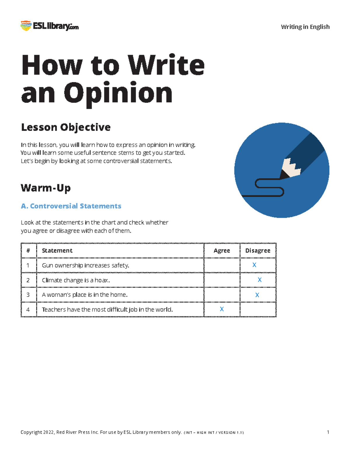 How to Write an Opinion – Writing in English – ESL Library - Writing in ...