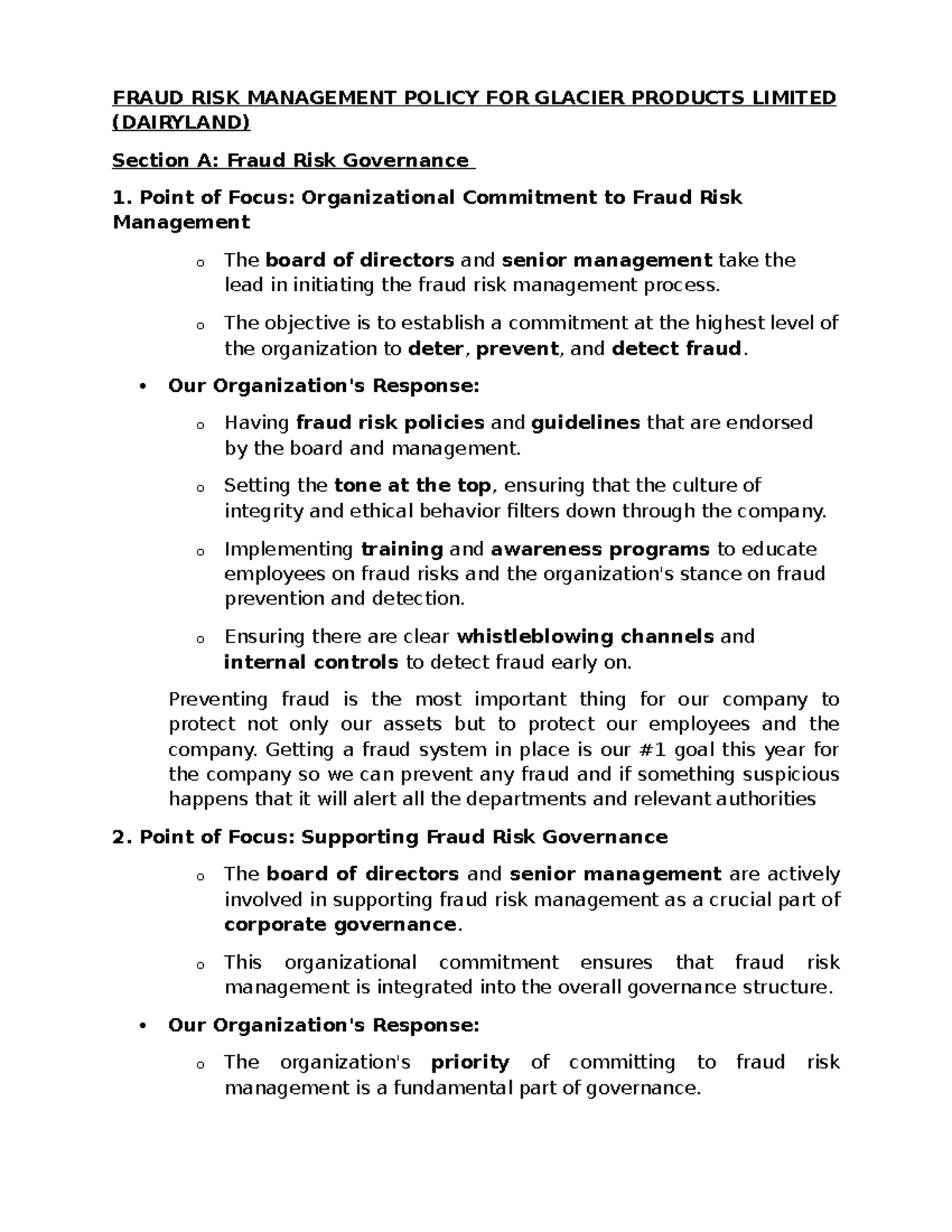 Fraud RISK Mgmt - FRAUD RISK MANAGEMENT POLICY FOR GLACIER PRODUCTS ...