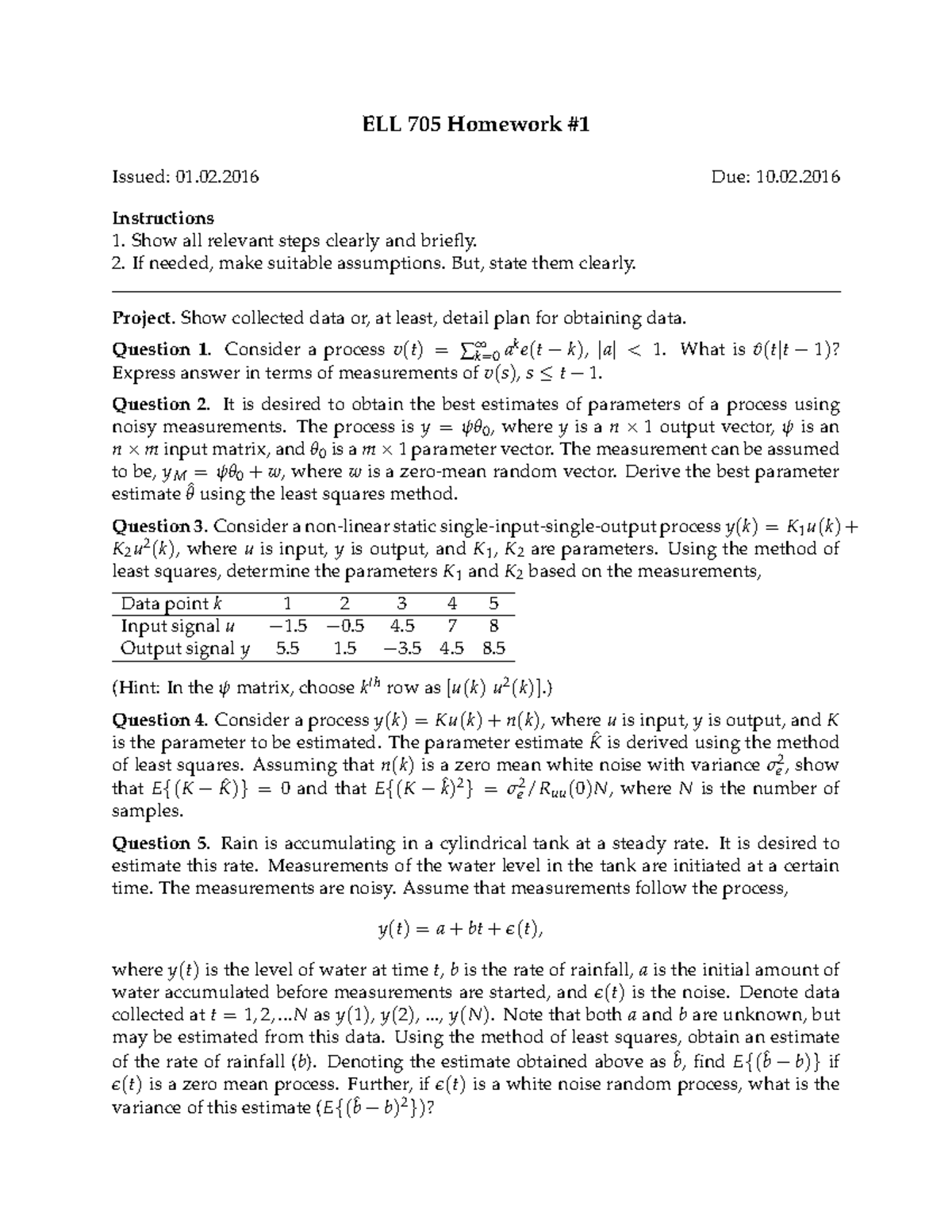 Hw1 Stochastic Filtering And Identification Ell 705 Homework Issued 01 02 Due 10
