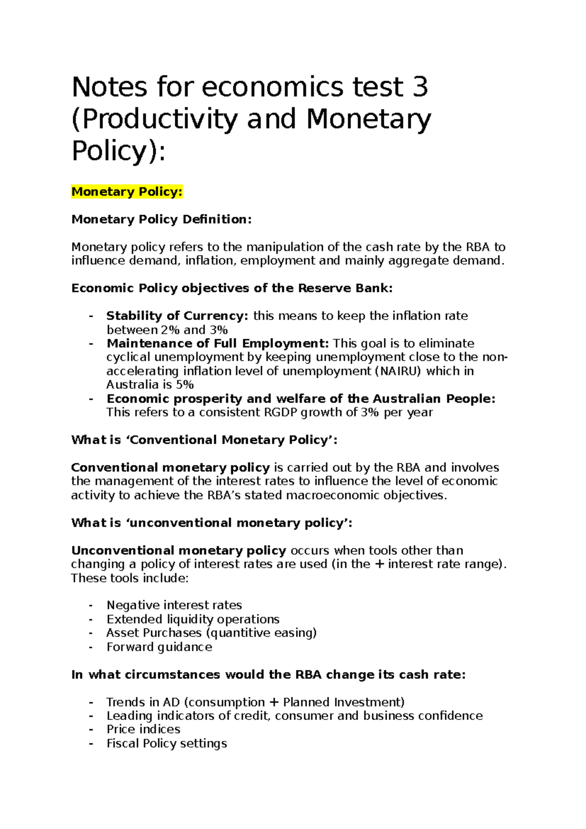 Notes for economics test 3 - Economic Policy objectives of the Reserve ...