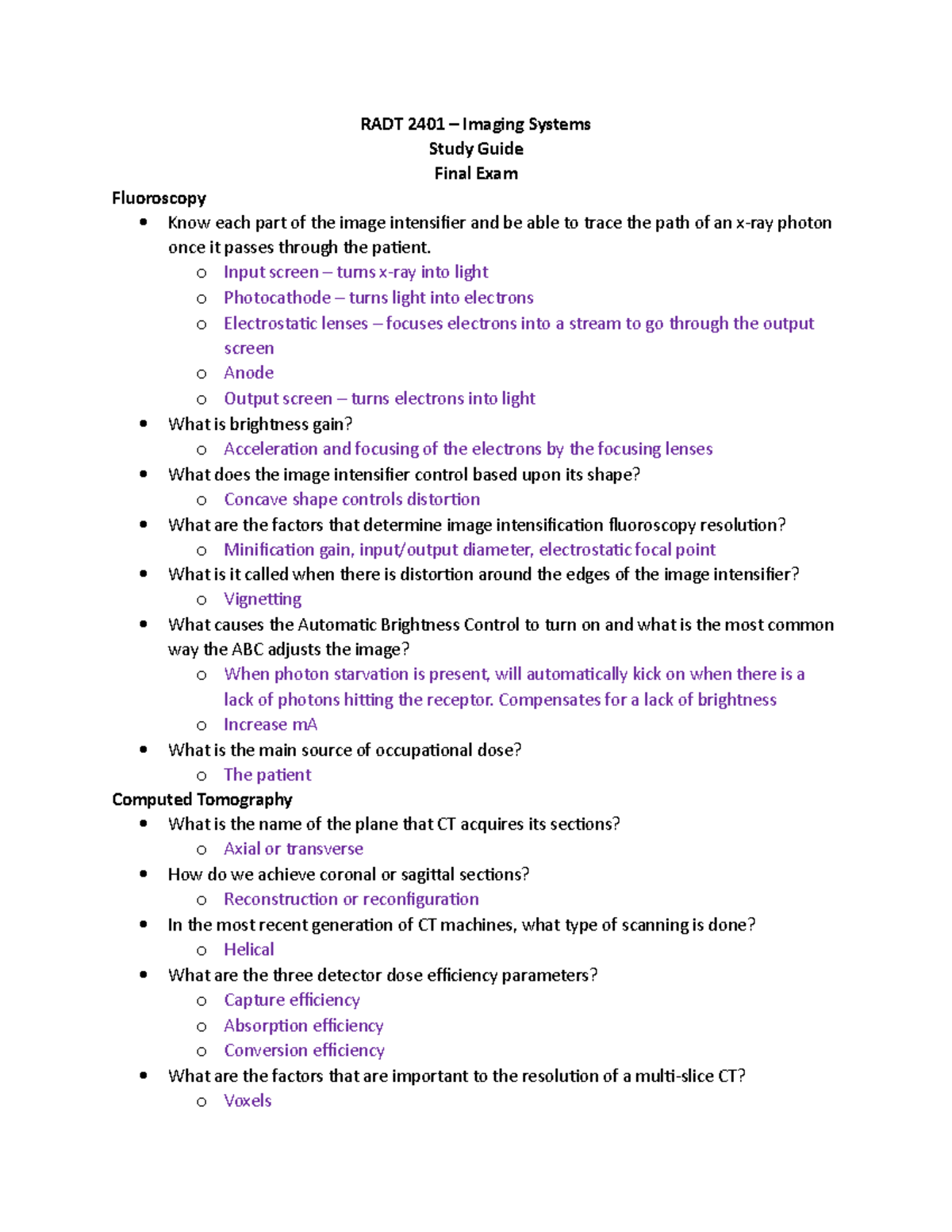 RADT2401 Final Exam Study Guide - RADT 2401 – Imaging Systems Study ...