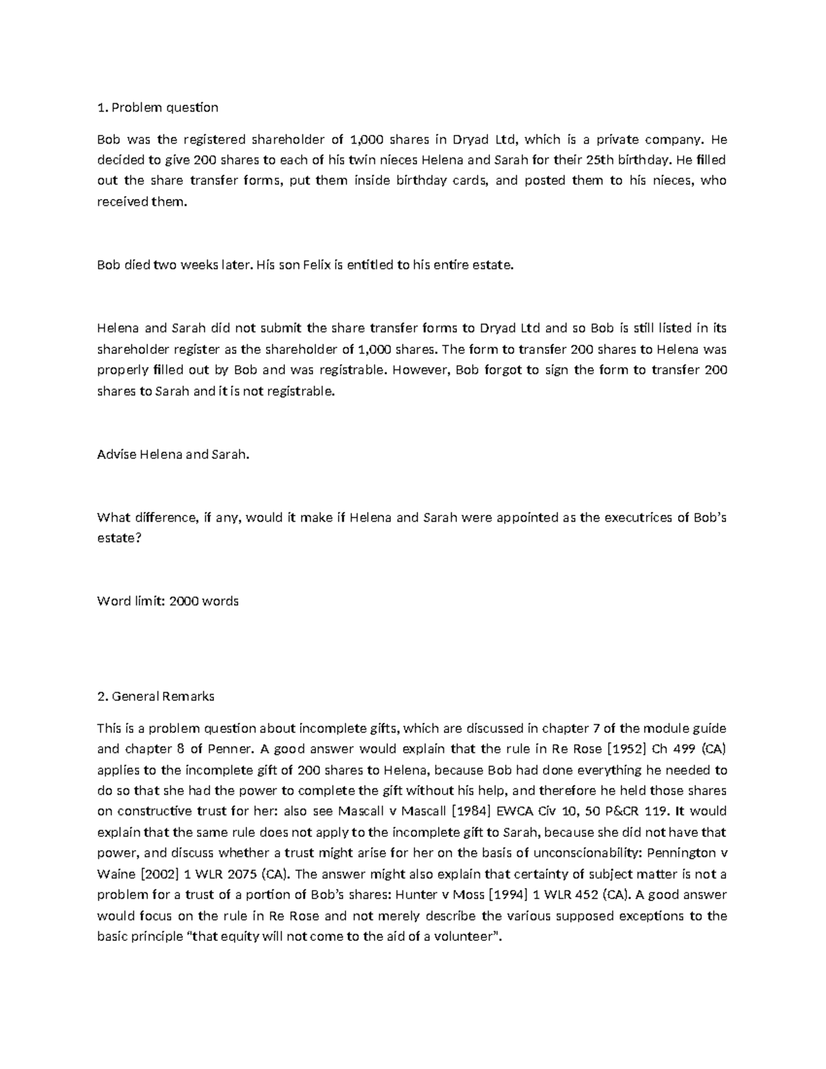 1 - Incomplete Gifts - Law of Trusts - Problem question Bob was the ...