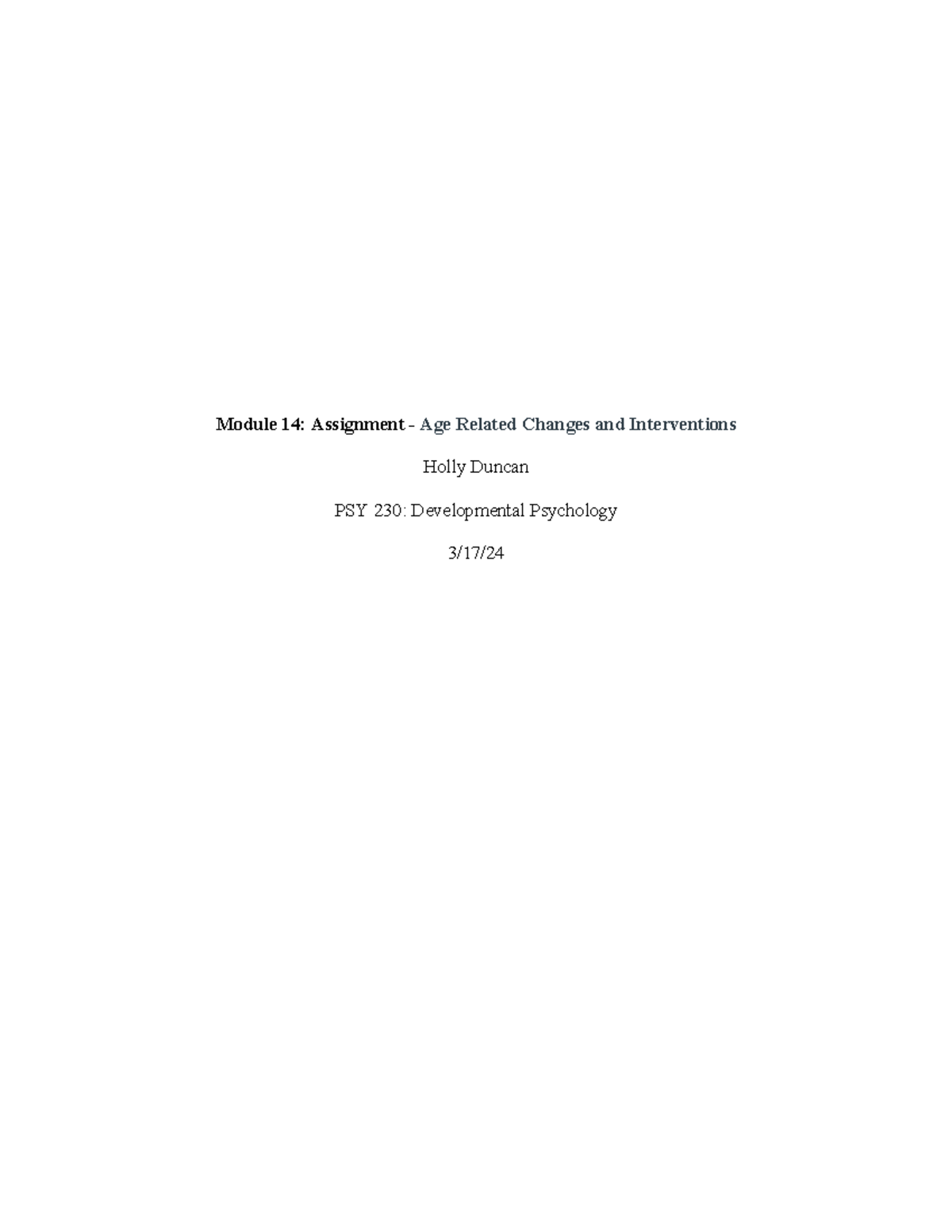 Module 14 Assignment - Age Related Changes and Interventions - Module 14: Assignment - Age ...