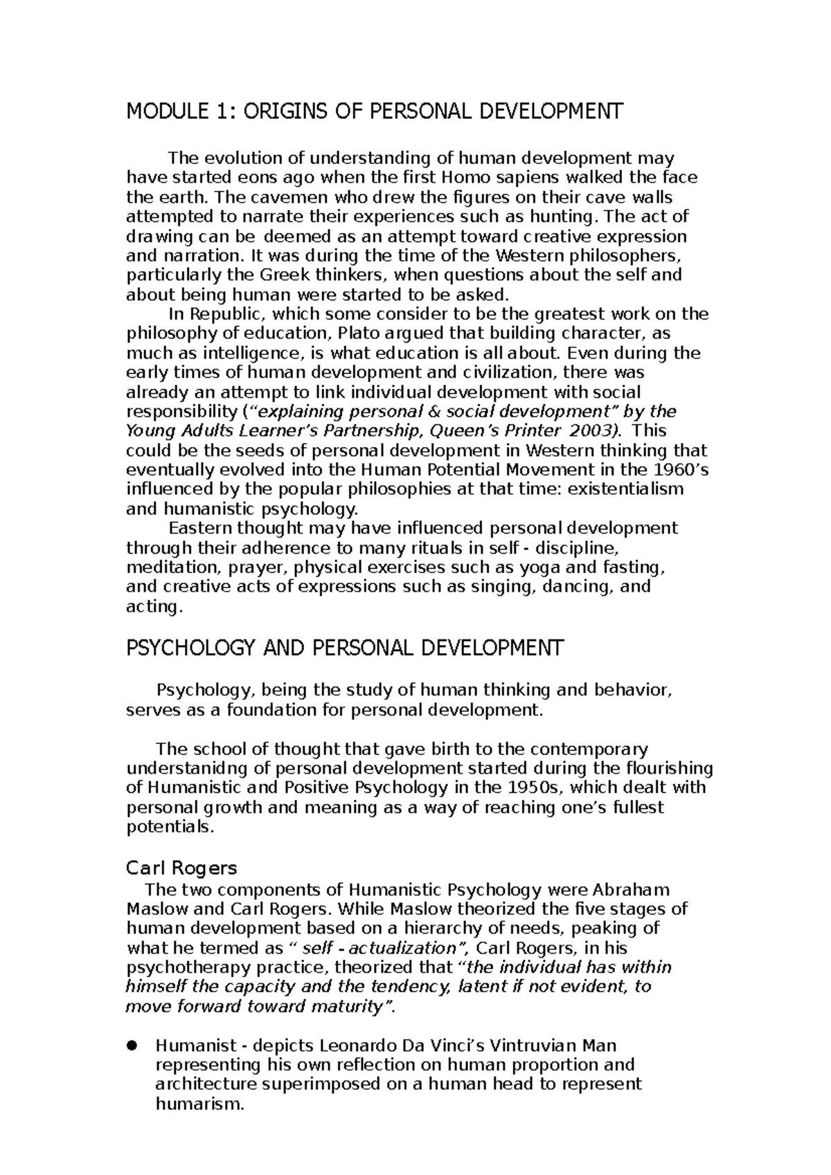 Personal development-1 - MODULE 1: ORIGINS OF PERSONAL DEVELOPMENT The ...