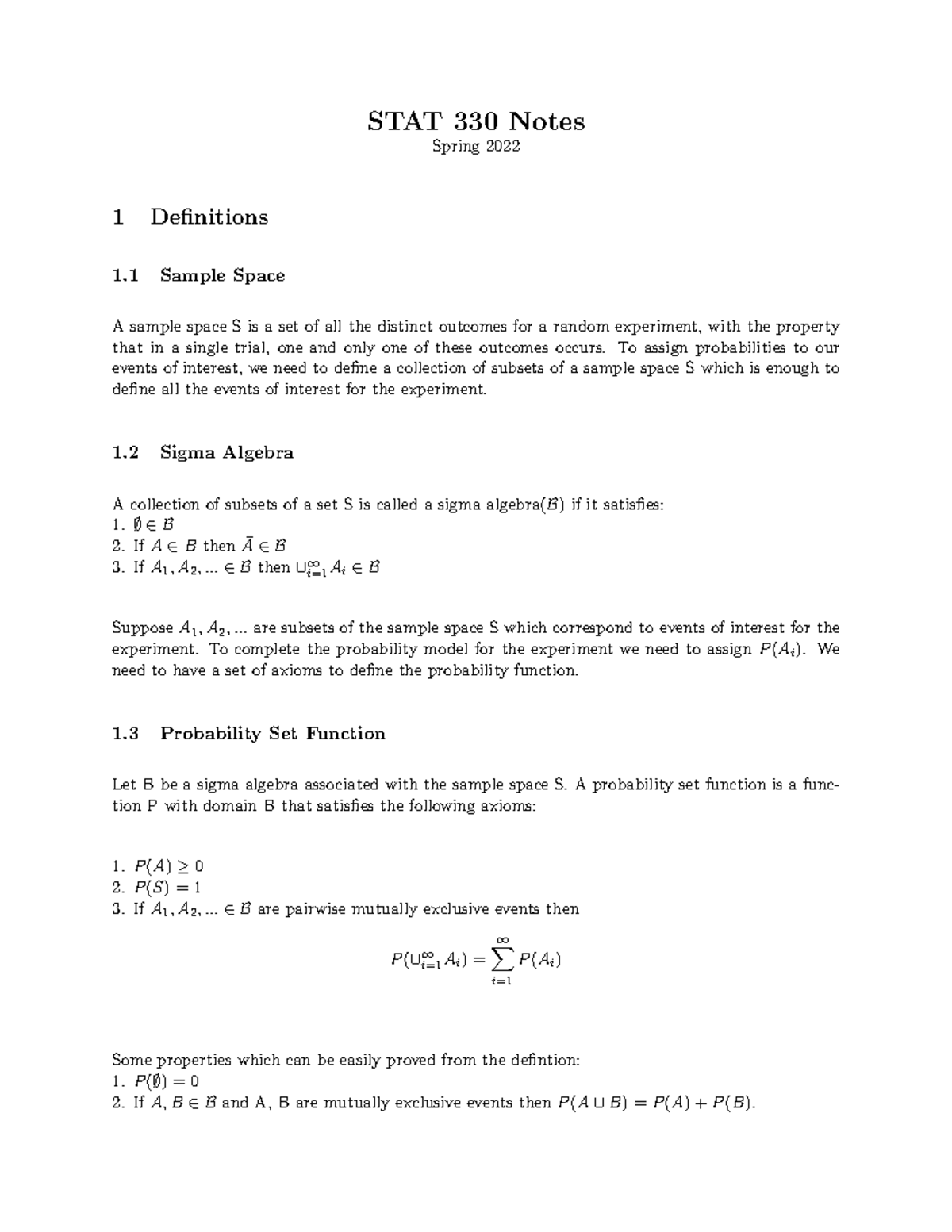 Chapter Review Notes - STAT 330 Notes Spring 2022 1 Definitions 1 ...