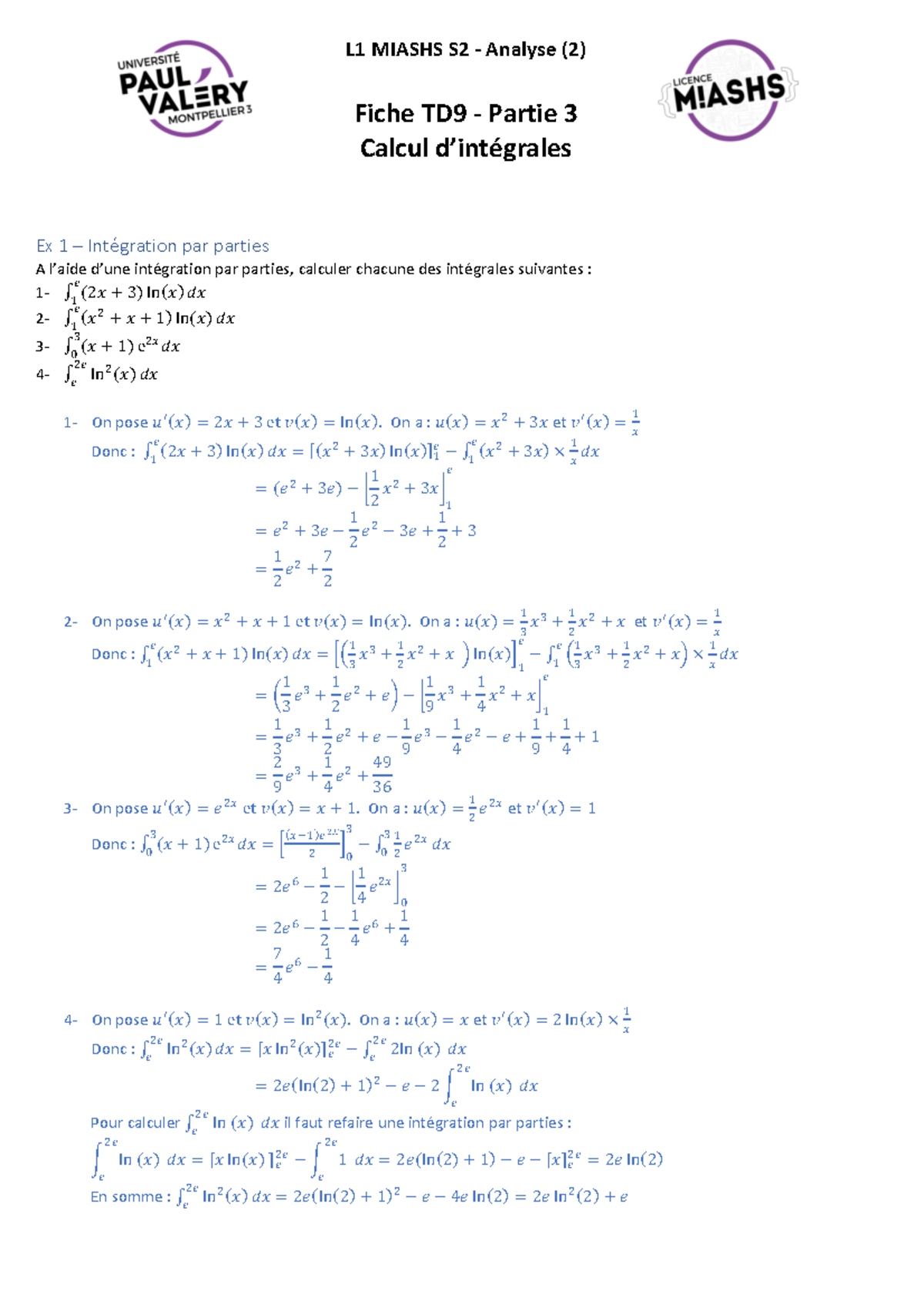 ANA2-TD9corrige - td9 corrigé - L1 MIASHS S 2 - Analyse ( 2 ) Fiche TD 9 - Partie 3 Calcul - Studocu