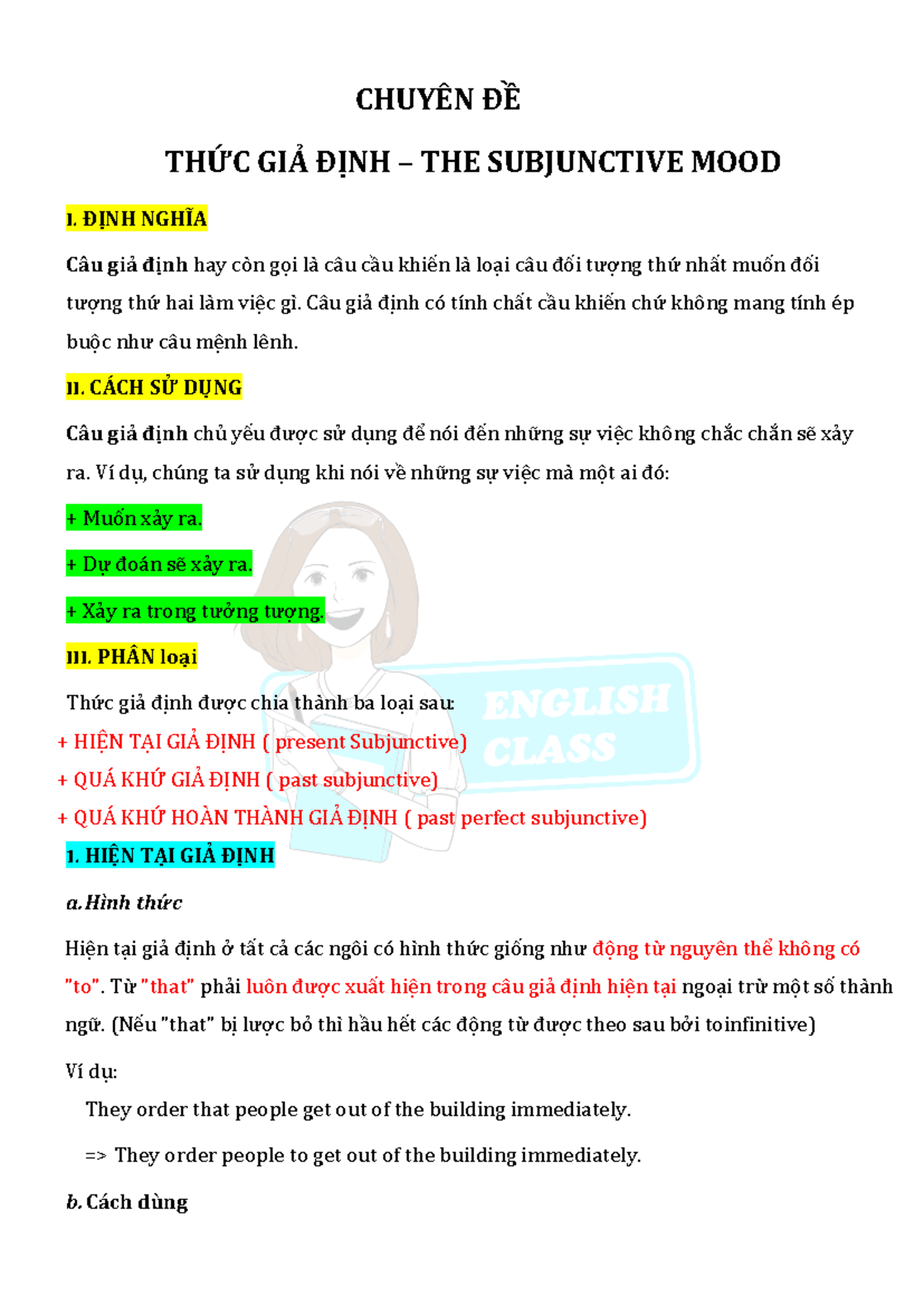 Chuyên ĐỀ - THỨC GIẢ ĐỊNH- THE Subjunctive MOOD - CHUYÊN ĐỀ THỨC GI¾ ĐỊNH – THE SUBJUNCTIVE MOOD ...