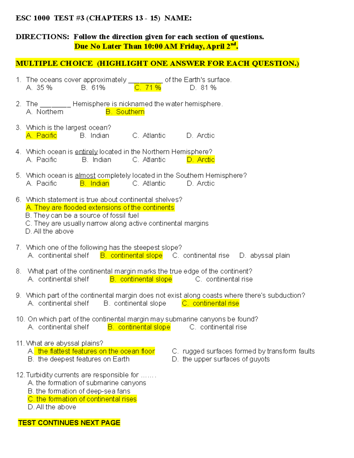 Earth Science TEST #3 2021 - ESC 1000 TEST #3 (CHAPTERS 13 - 15) NAME ...