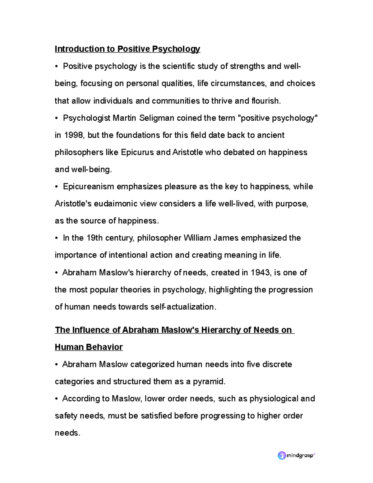 Notes 1010PSY - Introduction to Positive Psychology Positive psychology ...