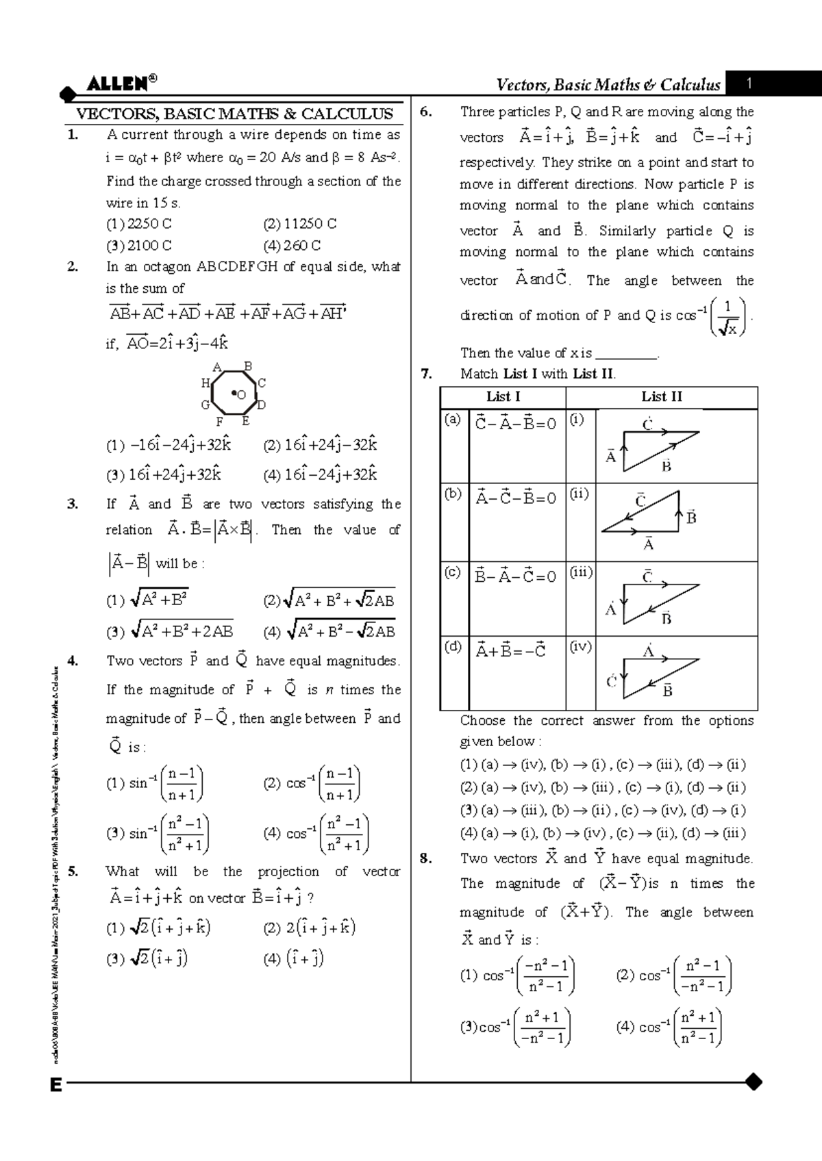Vectors Basic Maths & Calculus - ####### ALLEN Vectors, Basic Maths ...