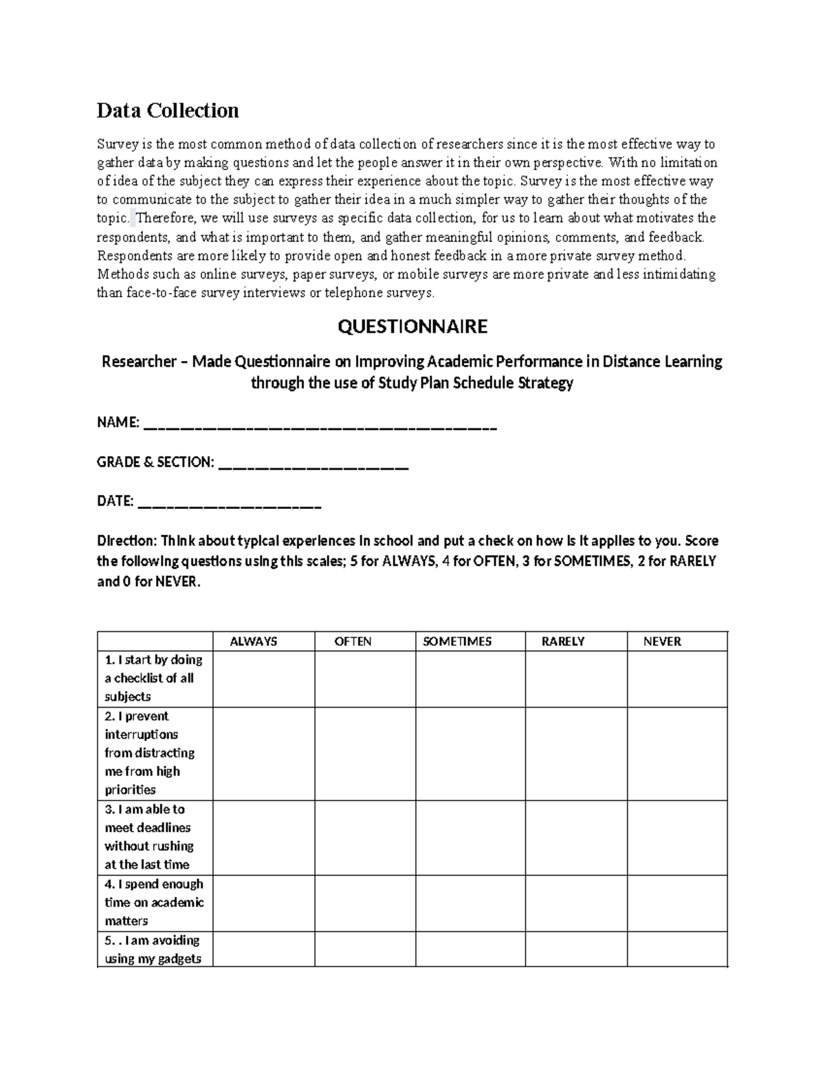 Performance TASK 4DATA Collection Questionnaire Informed Consent - Data ...