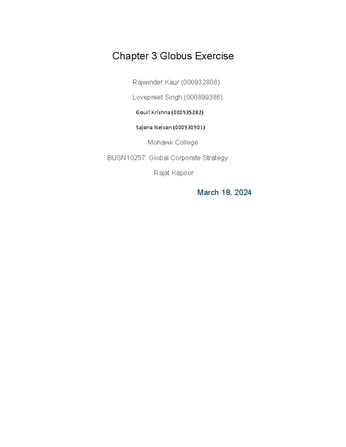 Chapter 3 exercise - good - Chapter 3 Globus Exercise Rajwinder Kaur ...
