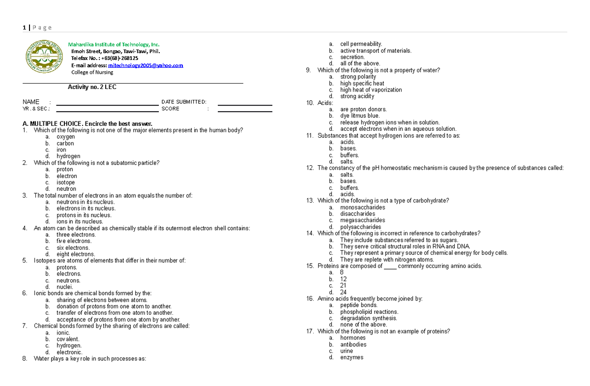 Ana Phy Activity 2 - Dear Students you'll need this pdf - 1 | P a g e Mahardika Institute of ...