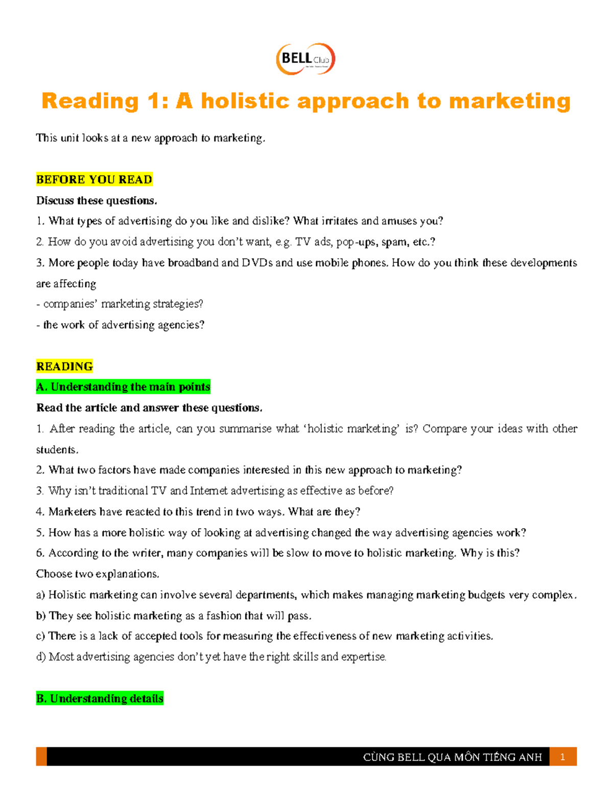 Reading Materials HP2 - Reading 1: A holistic approach to marketing ...