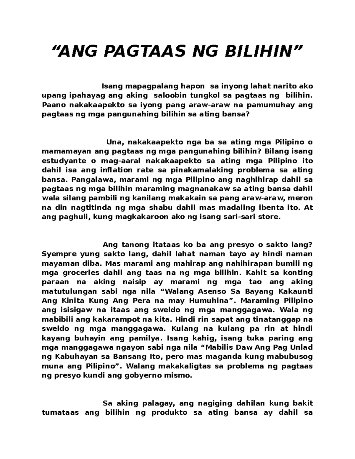 Talumpati ( Kimcasilisacueza BSED Filipino 3B) - “ANG PAGTAAS NG ...