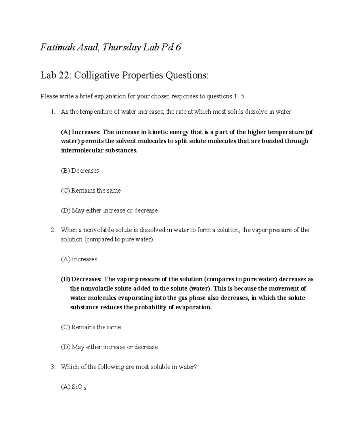 Lab 22 Colligative Properties Questions - Fatimah Asad, Thursday Lab Pd ...