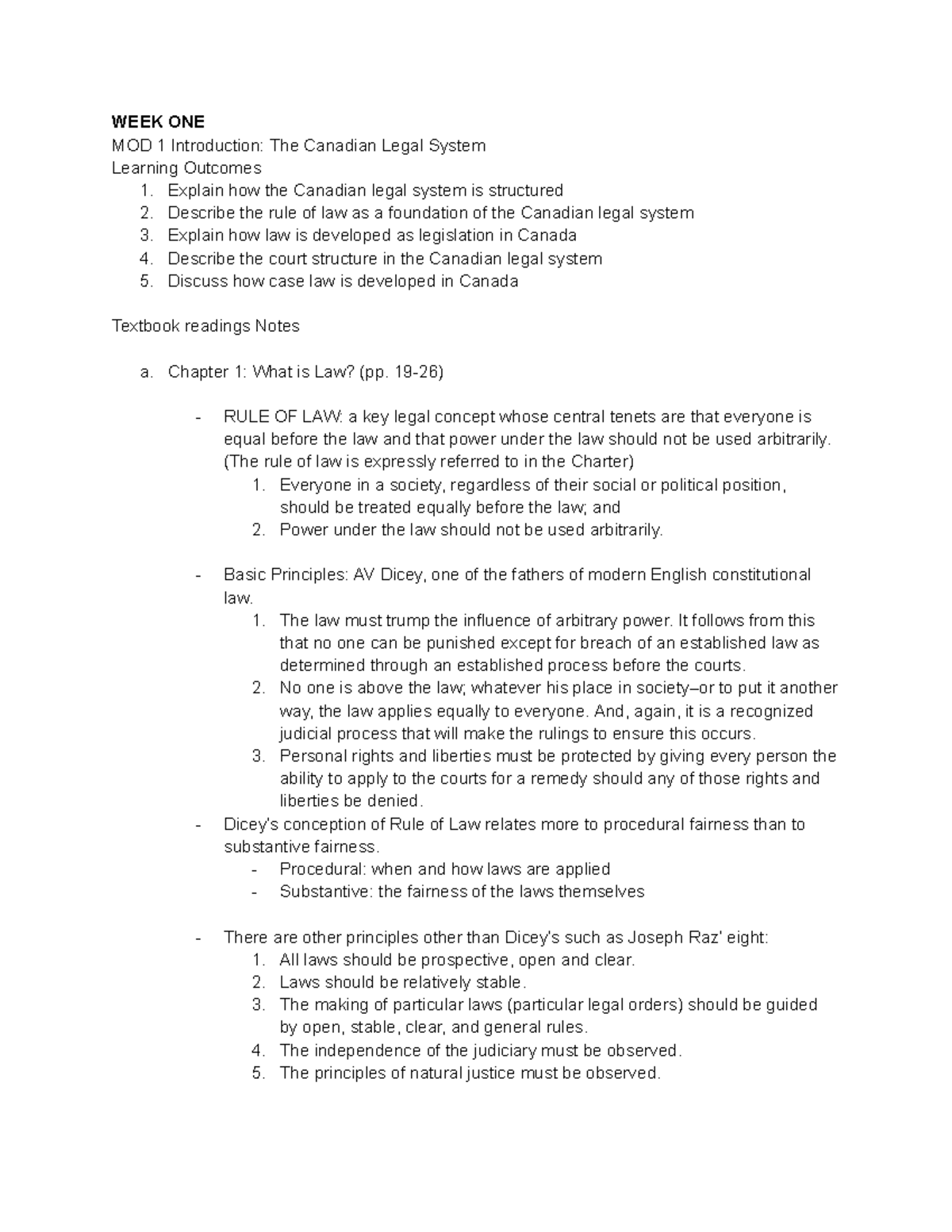 LAW201 - notes - WEEK ONE MOD 1 Introduction: The Canadian Legal System ...