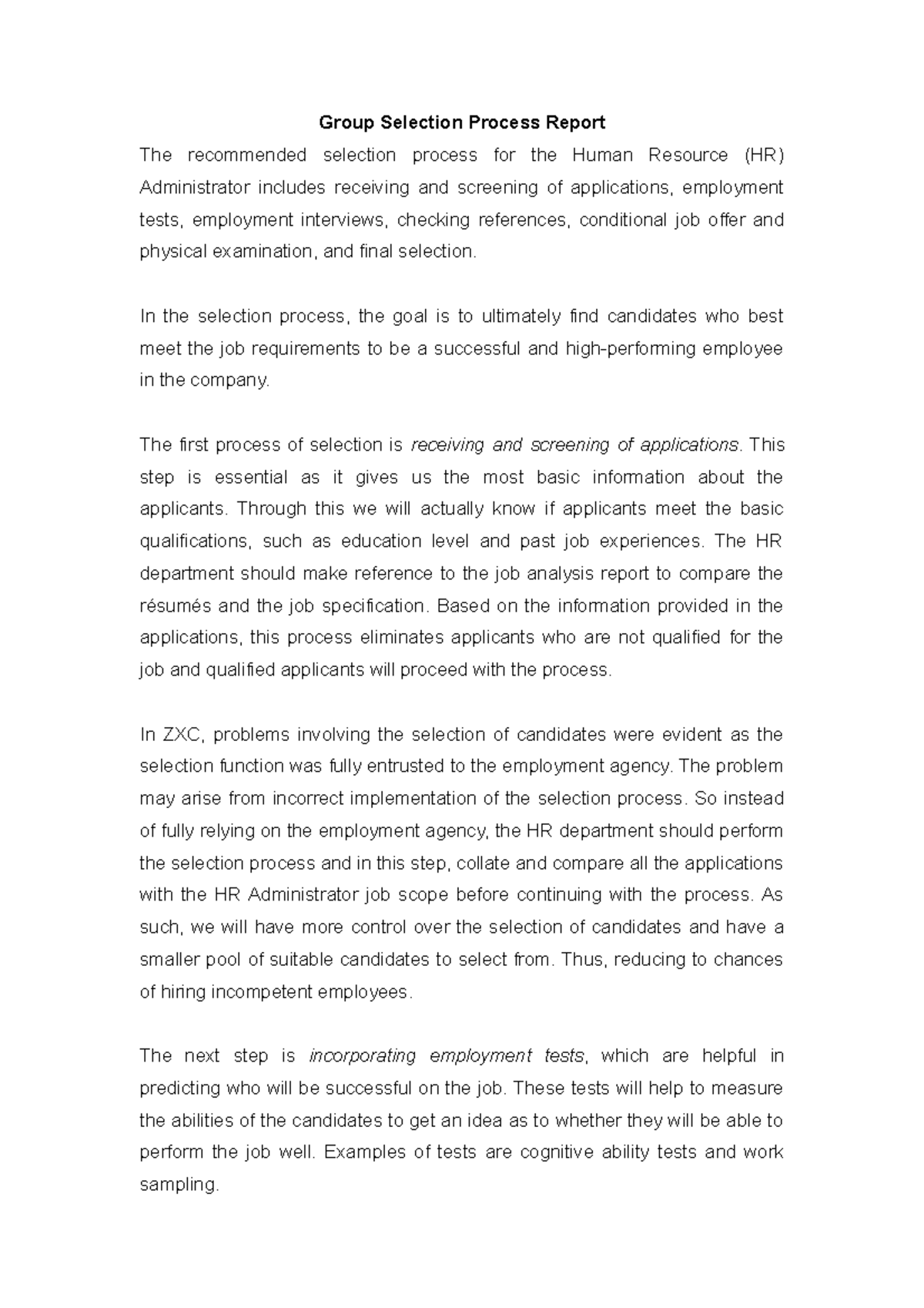 LTB Selection Process Report - Group Selection Process Report The ...