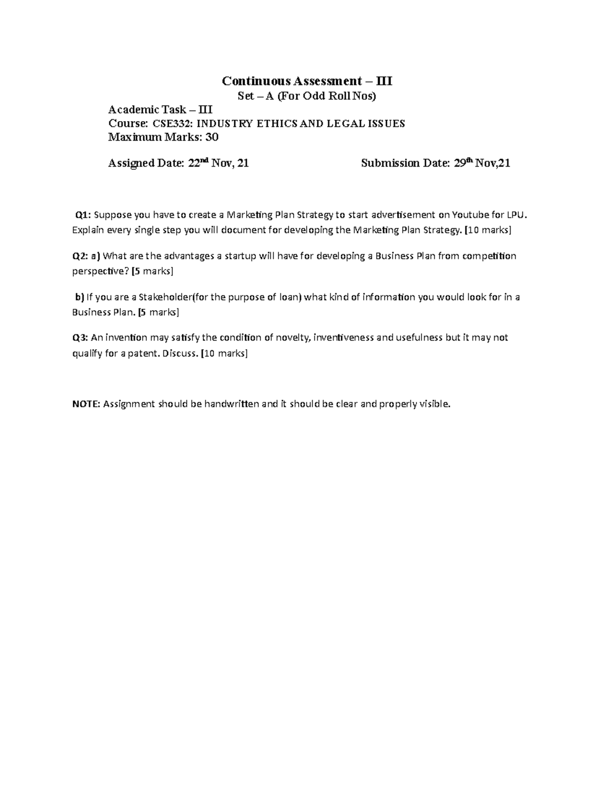 CA3 SET A -das dad dasd - Continuous Assessment – III Set – A (For Odd ...