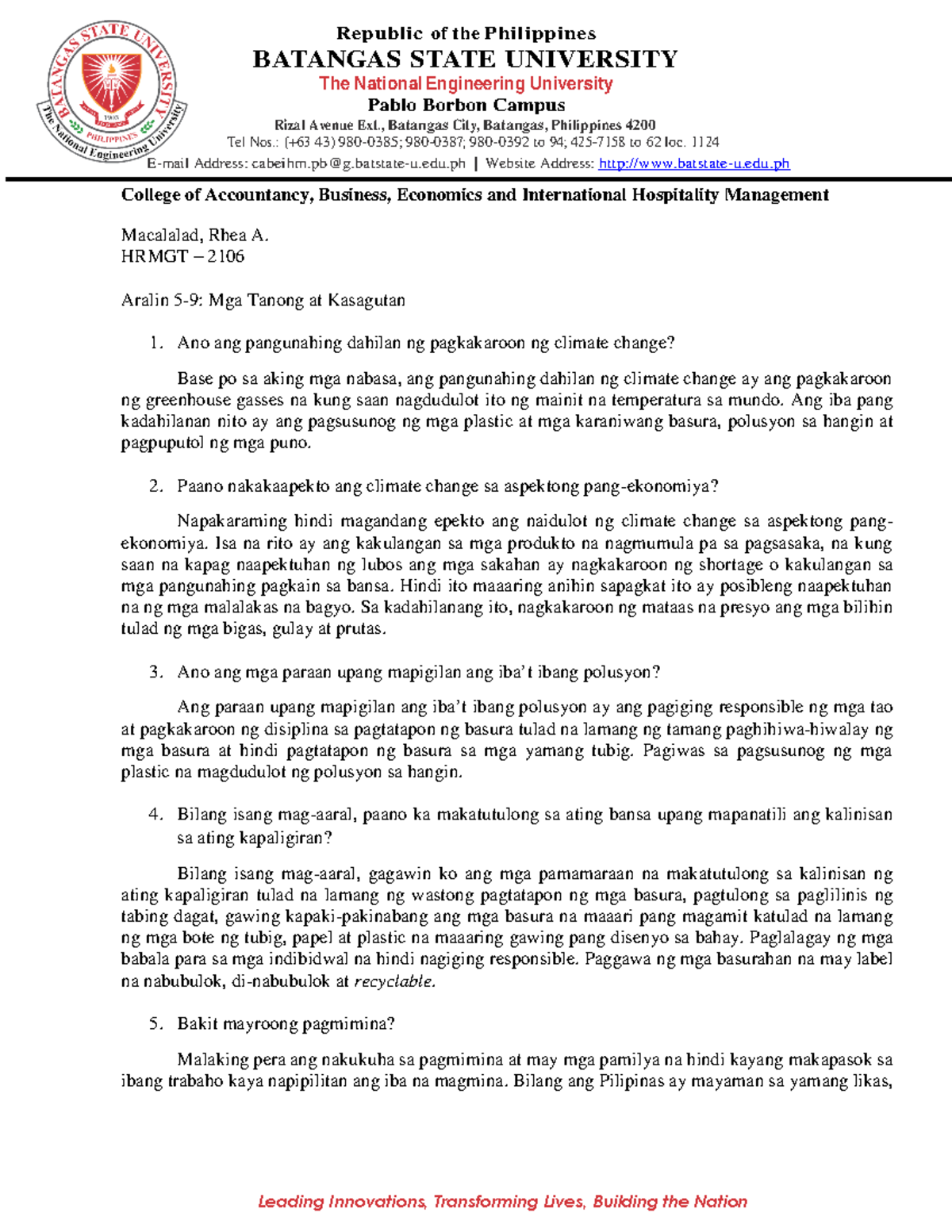 Aralin 5 - 9 - Republic of the Philippines BATANGAS STATE UNIVERSIT Y ...