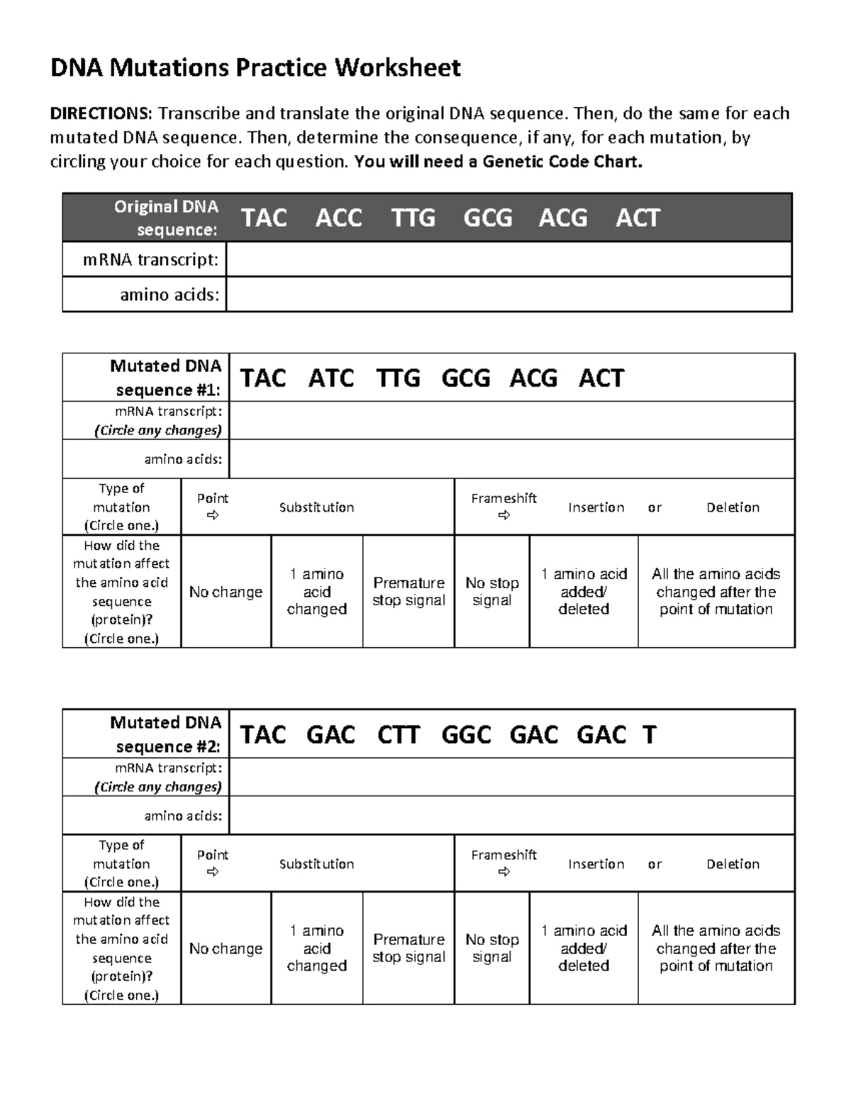 DNA Mutation practice worksheet - DNA Mutations Practice Worksheet ...