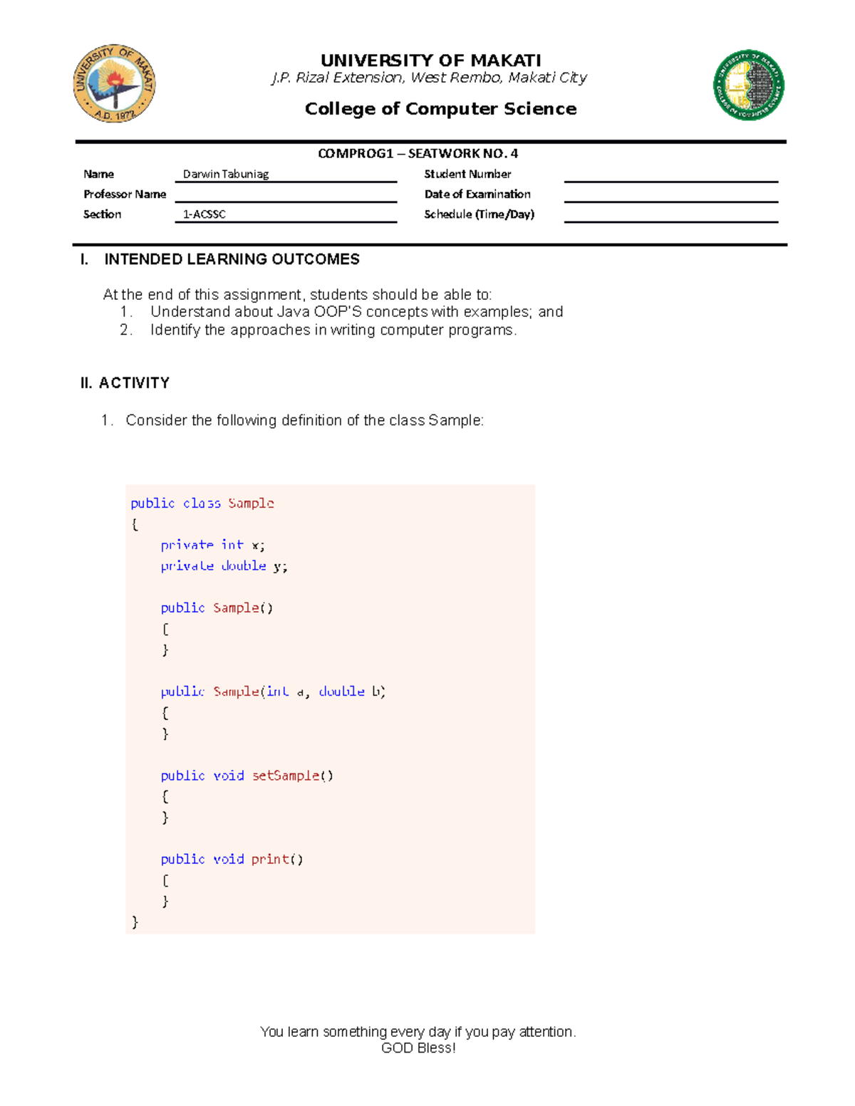 Tabuniag Comprog 1- Seatwork NO. 4 - UNIVERSITY OF MAKATI J. Rizal ...