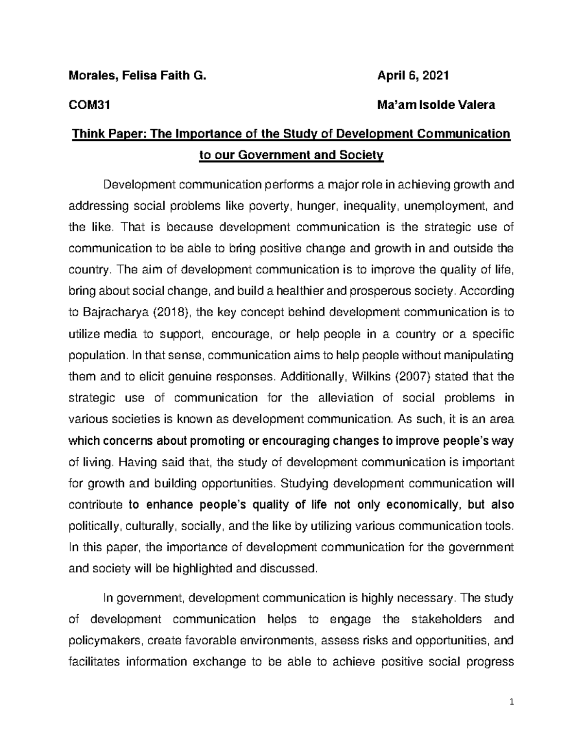 The Importance of the Study of Development Communication - Morales ...