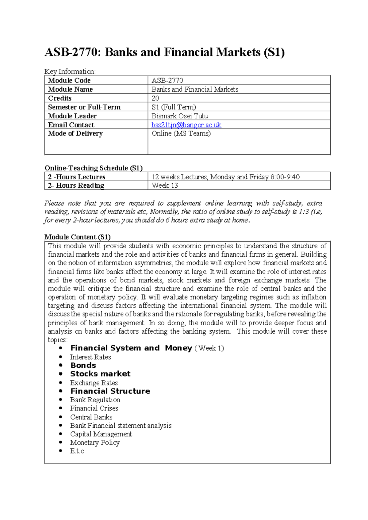 BCC Module Outline ASB-2770 - ASB-2770: Banks and Financial Markets (S1 ...