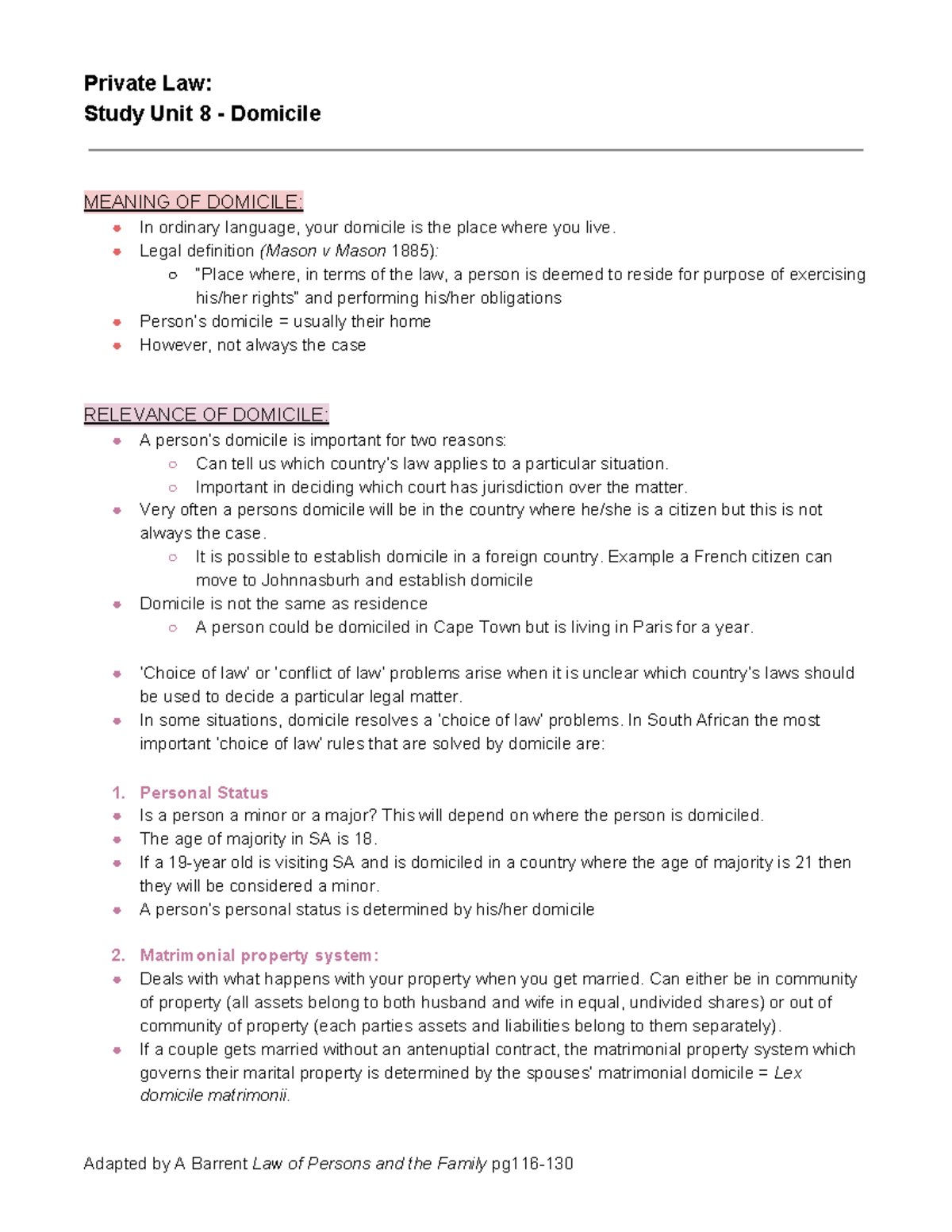 Study Unit 8 - Domicile - Summary Law of Persons - Private Law: Study ...