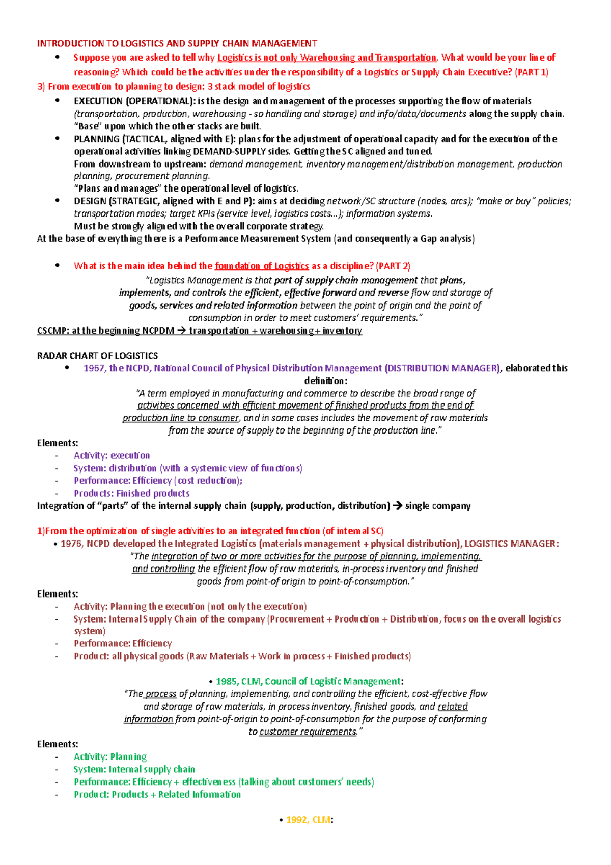 Logistics summaryand questions - INTRODUCTION TO LOGISTICS AND SUPPLY ...