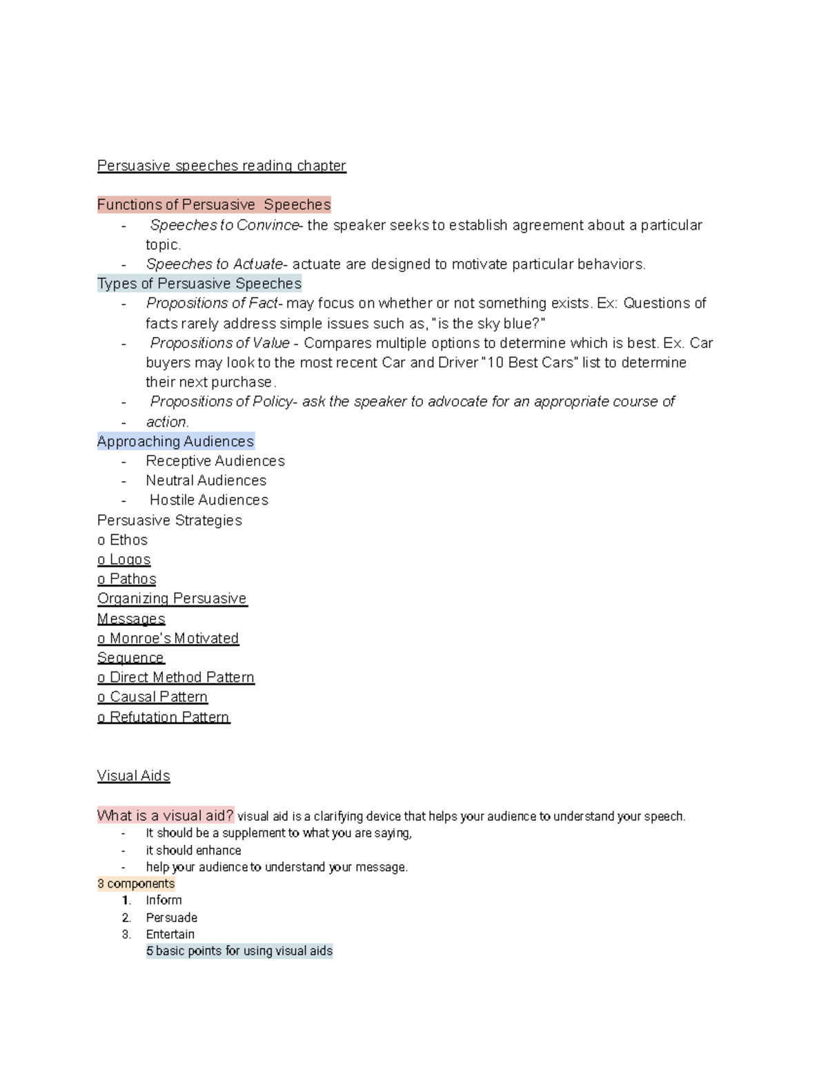 Comms study guide - Persuasive speeches reading chapter Functions of ...