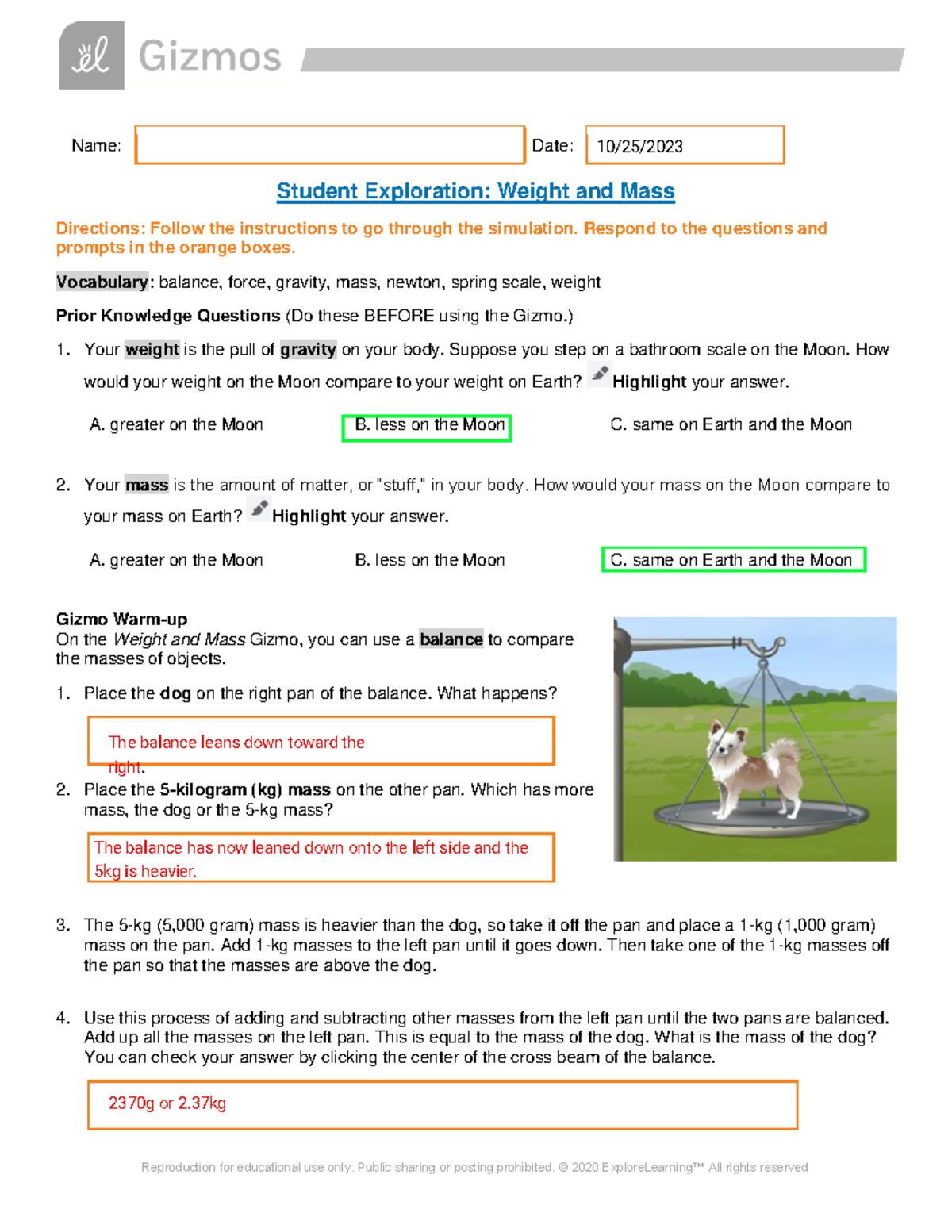 Weight & Mass Student Exploration Worksheet.docx - Name: Date: Student ...