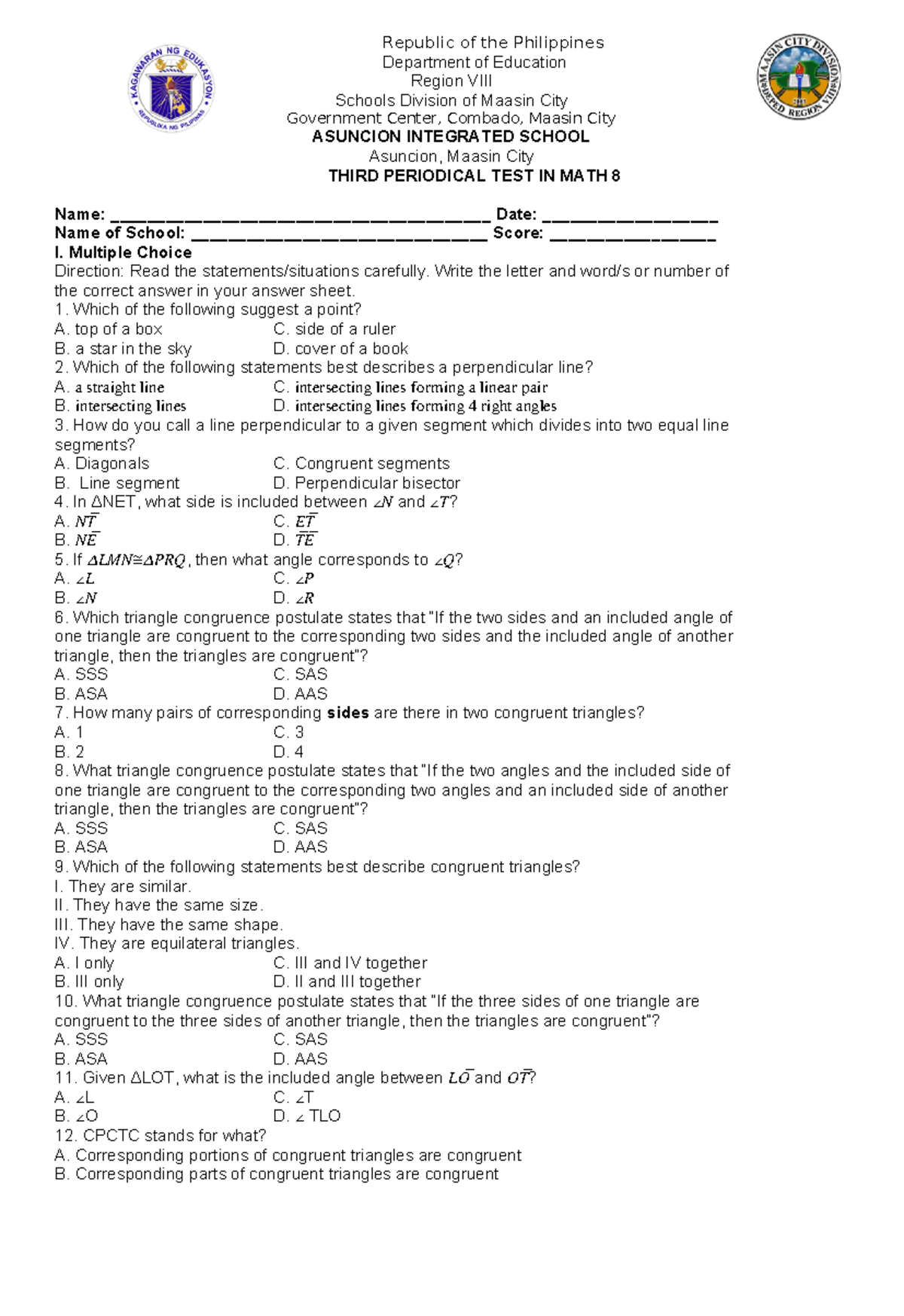 Grade 8 Third Quarter Periodical Test - Republic of the Philippines ...