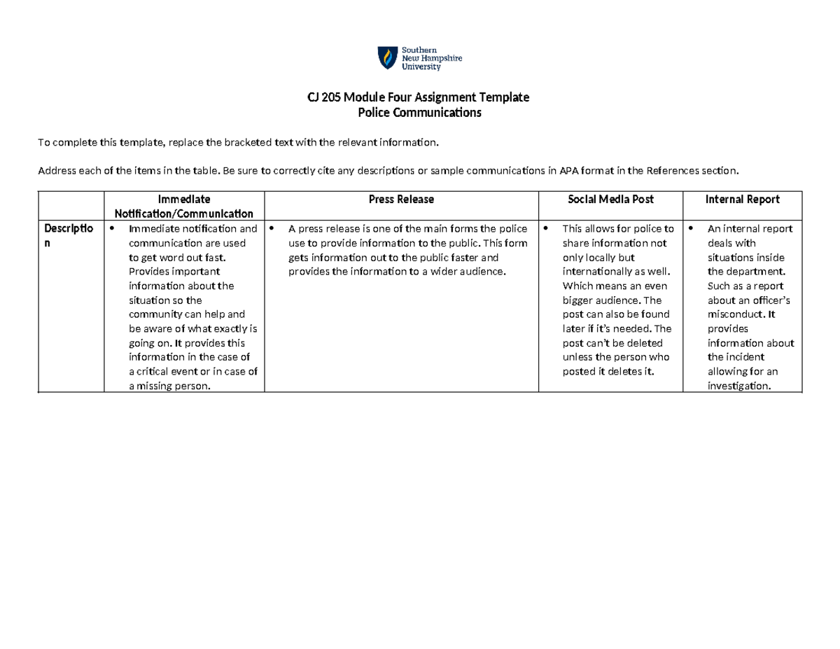 CJ 205 Module Four Assignment - Address each of the items in the table ...