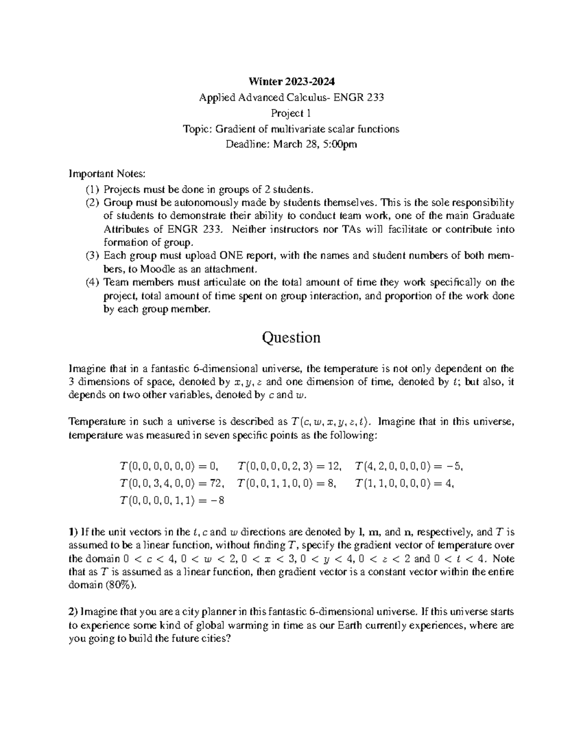 Project 01 - Winter 2023- Applied Advanced Calculus- ENGR 233 Project 1 Topic: Gradient of - Studocu